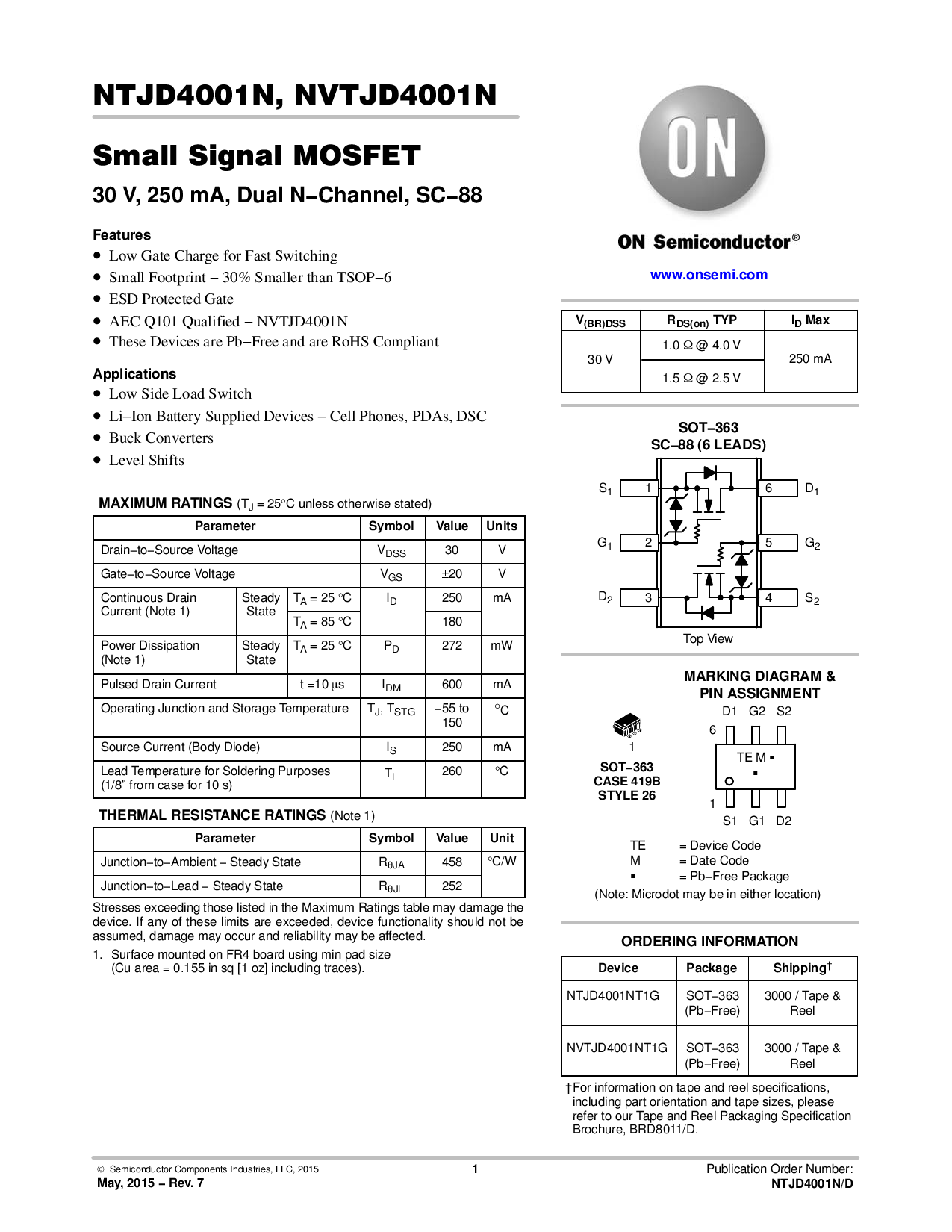 NTJD4001NT1G_（ON(安森美)）NTJD4001NT1G中文资料_价格_PDF手册-立创电子商城