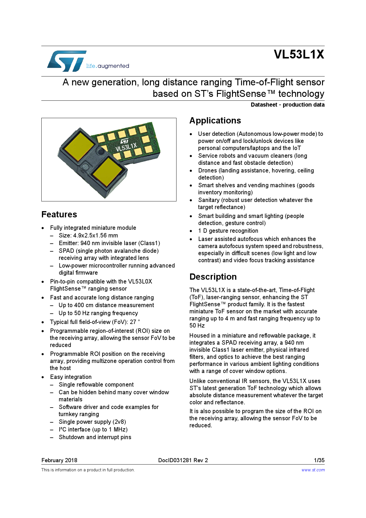 VL53L1CXV0FY/1_（ST(意法半导体)）VL53L1CXV0FY/1中文资料_价格_PDF手册-立创电子商城