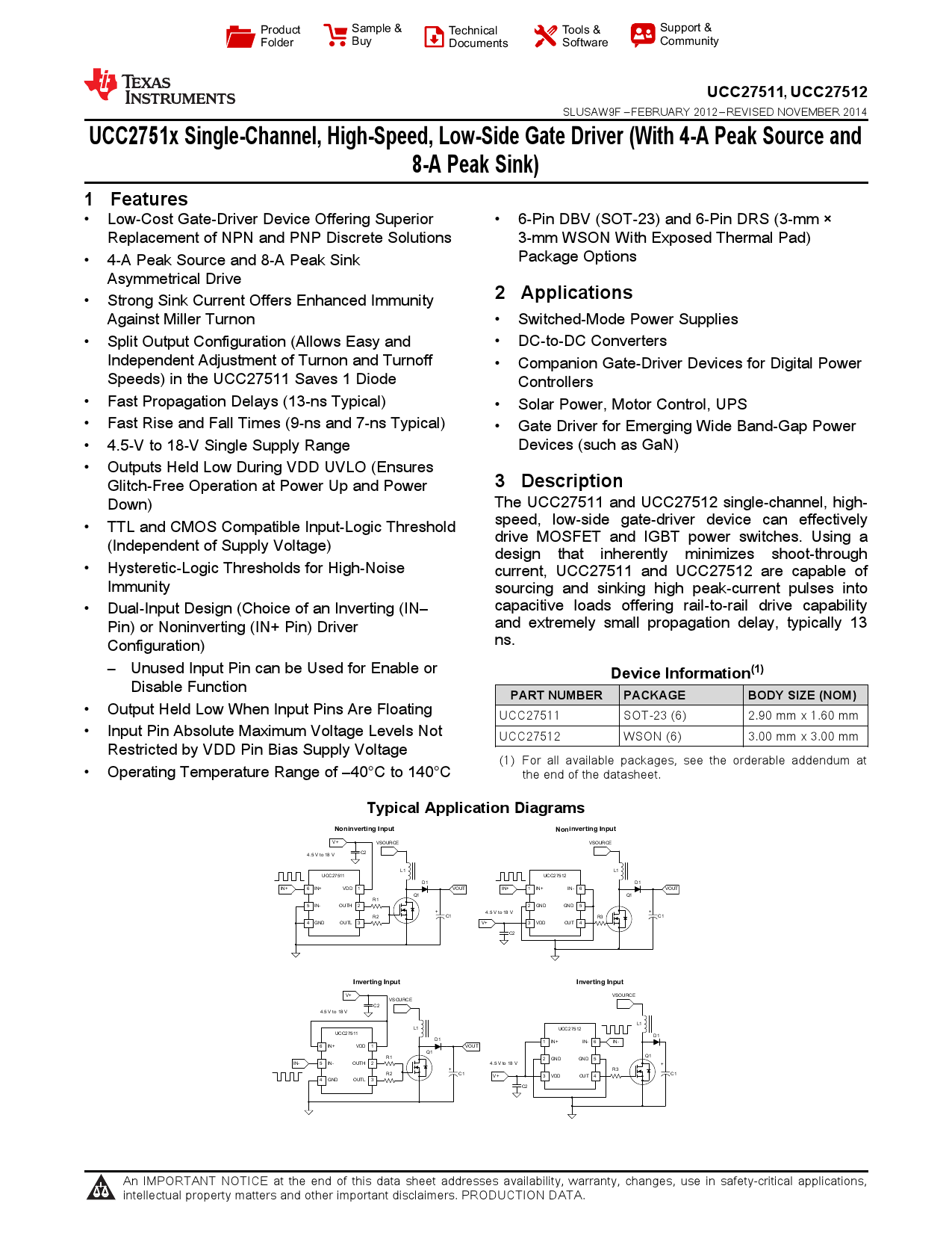 UCC27511DBVR_（TI(德州仪器)）UCC27511DBVR中文资料_价格_PDF手册-立创电子商城
