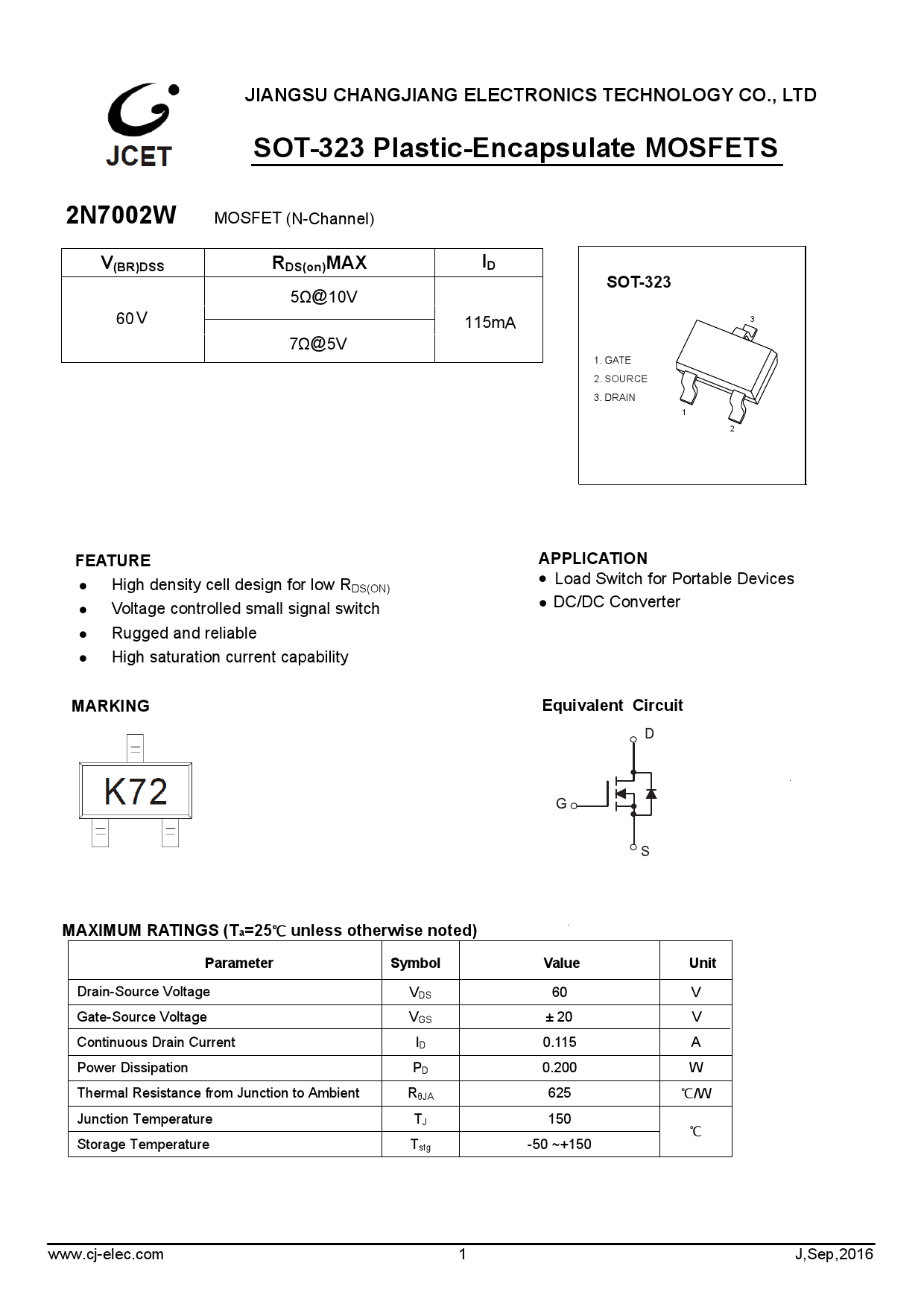 2N7002W_（CJ(江苏长电/长晶)）2N7002W中文资料_价格_PDF手册-立创电子商城