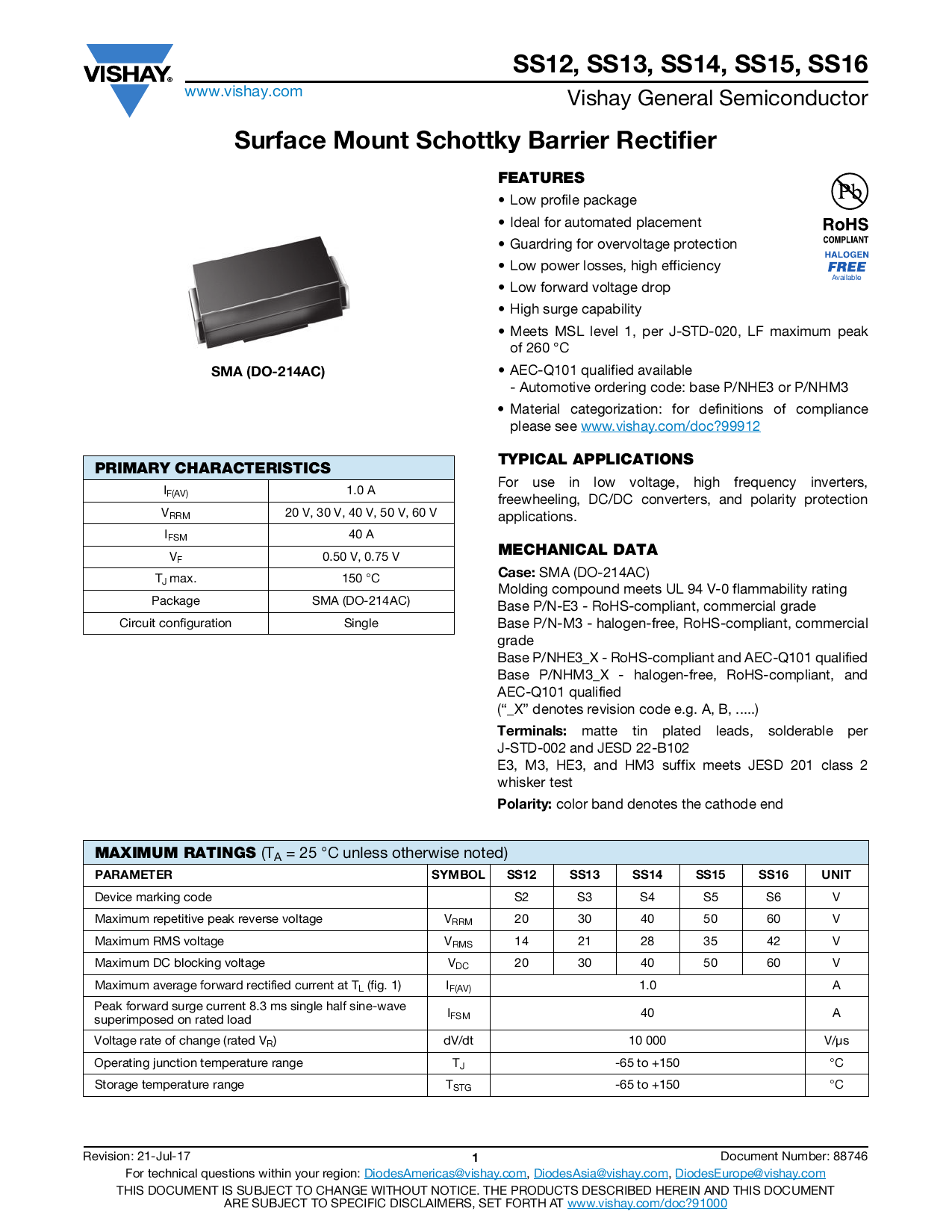 SS16-E3/61T_（VISHAY(威世)）SS16-E3/61T中文资料_价格_PDF手册-立创电子商城