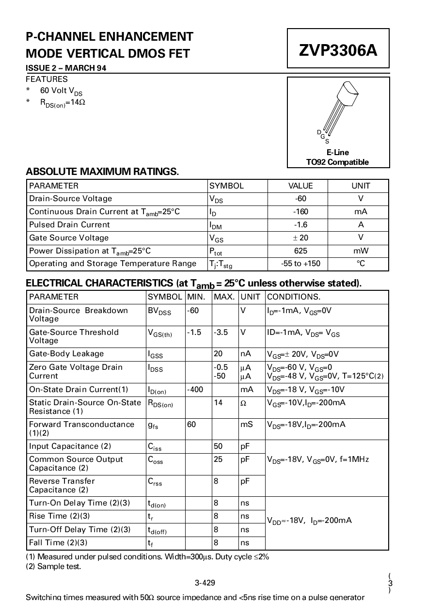 ZVP3306A_（DIODES(美台)）ZVP3306A中文资料_价格_PDF手册-立创电子商城