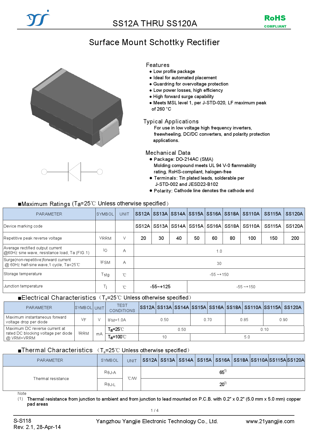 SS14A_（YANGJIE(扬杰)）SS14A中文资料_价格_PDF手册-立创电子商城