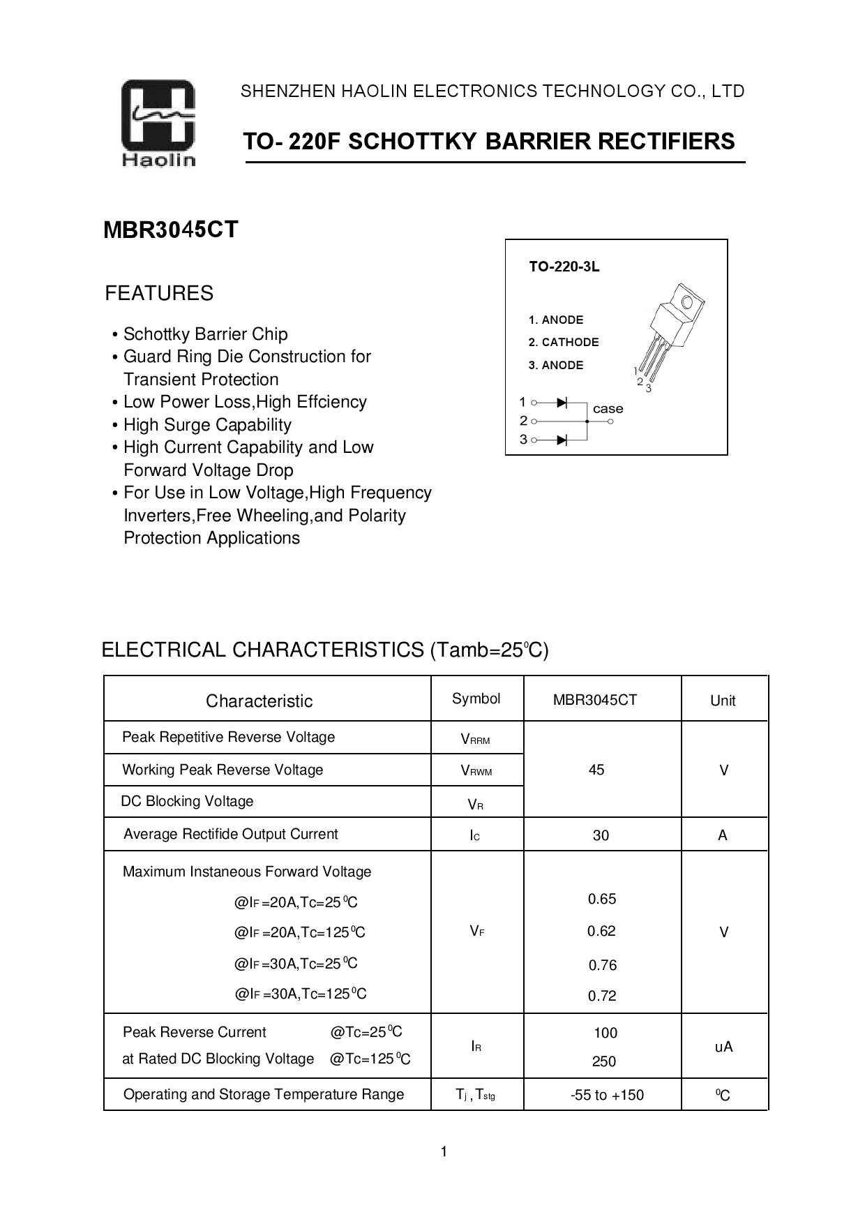 MBR3045CT_（HL(豪林)）MBR3045CT中文资料_价格_PDF手册-立创电子商城