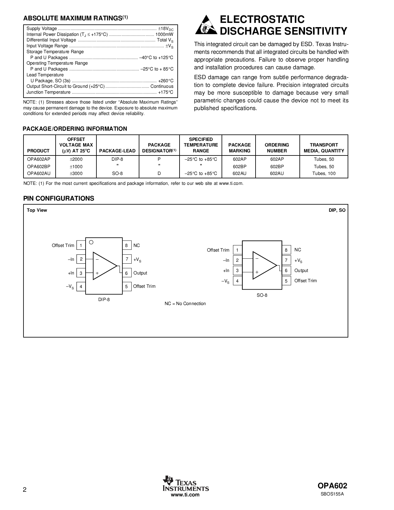 OPA602AU_（TI(德州仪器)）OPA602AU中文资料_价格_PDF手册-立创电子商城