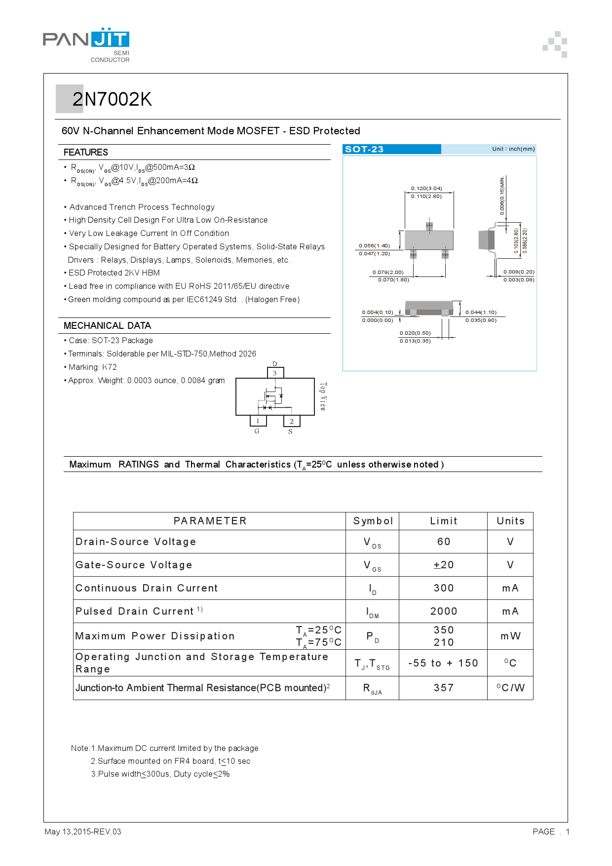 2N7002K_R1_00001_（PANJIT(强茂)）2N7002K_R1_00001中文资料_价格_PDF手册-立创电子商城