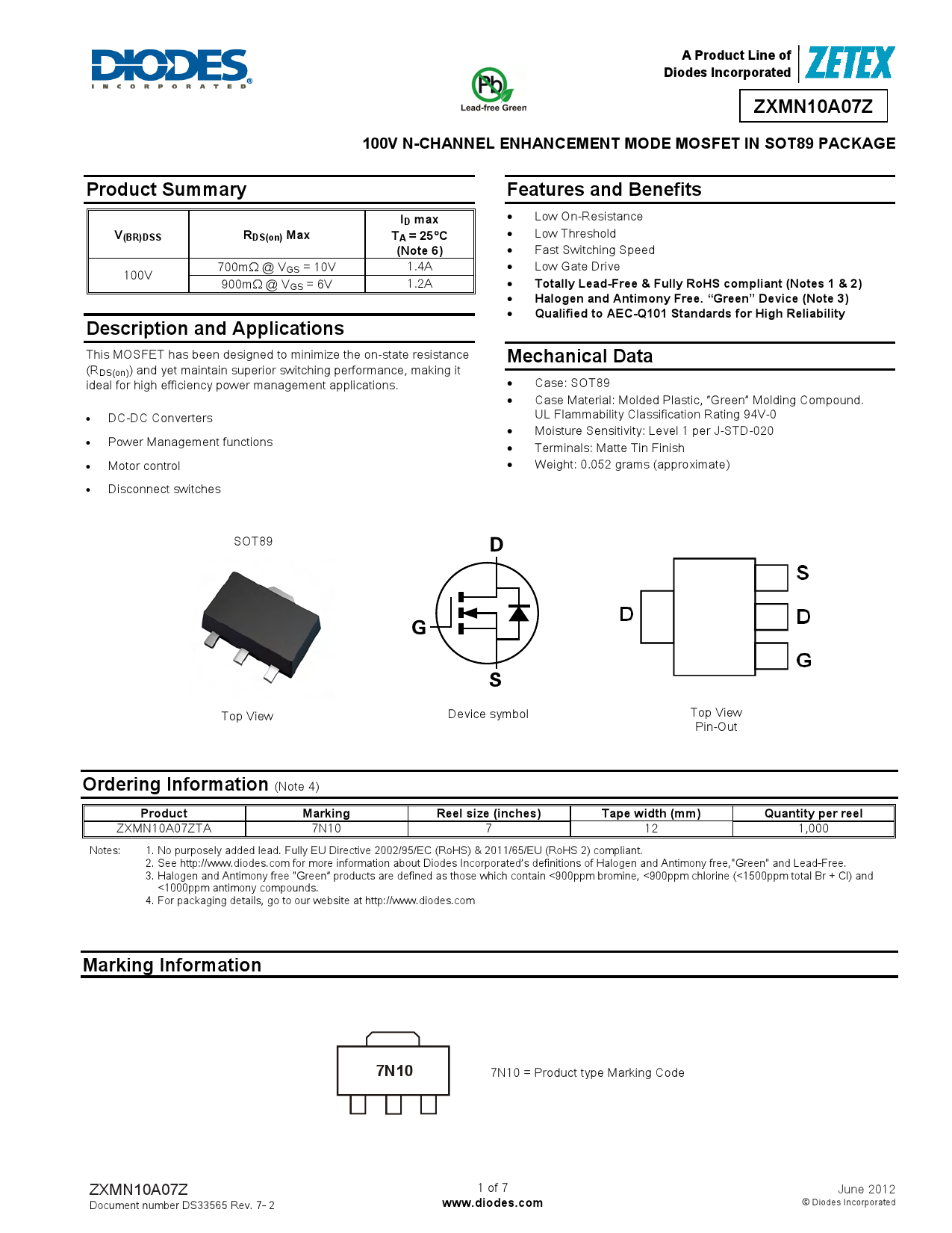 ZXMN10A07ZTA_（DIODES(美台)）ZXMN10A07ZTA中文资料_价格_PDF手册-立创电子商城