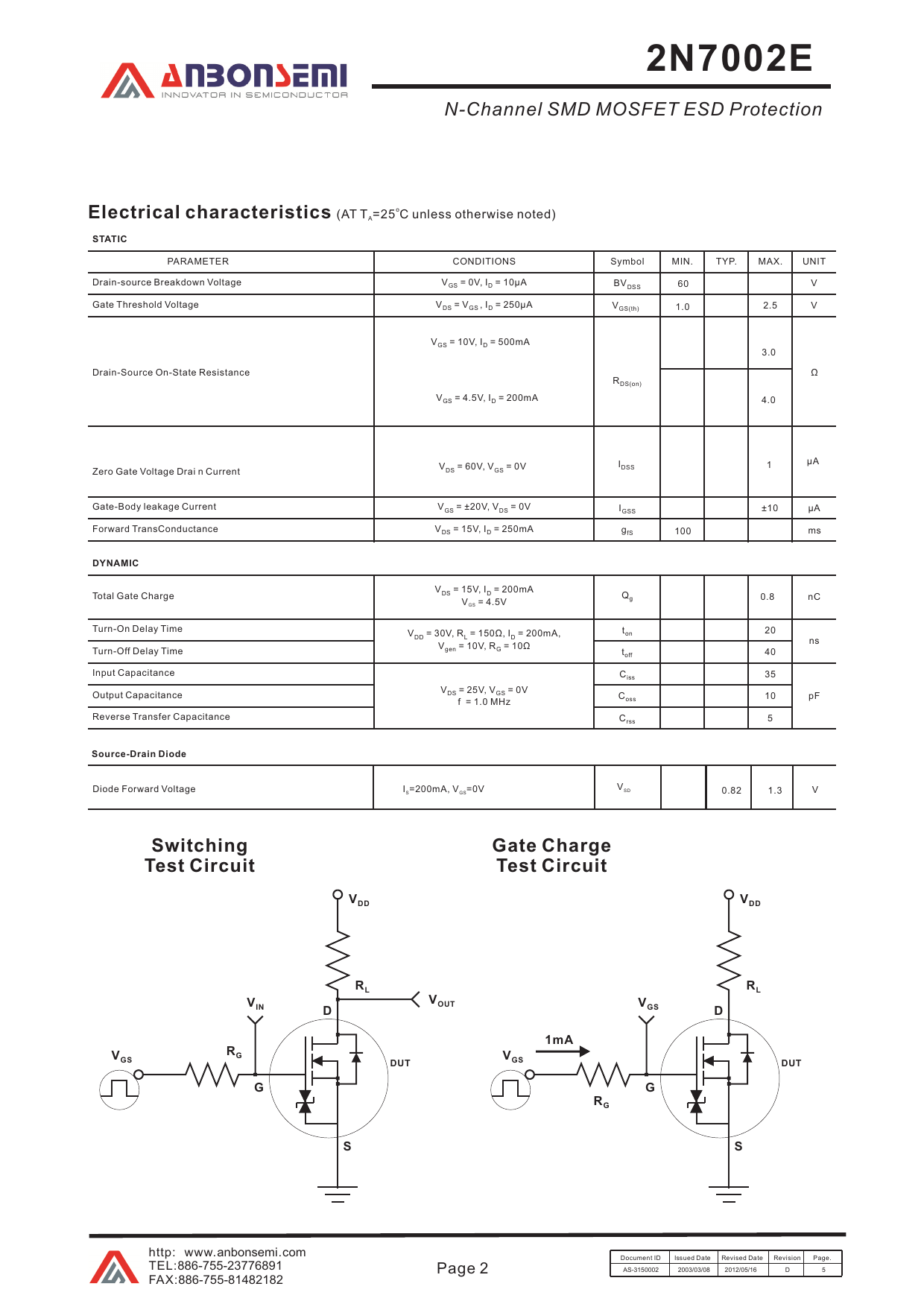 2N7002E_（AnBon(台湾安邦)）2N7002E中文资料_价格_PDF手册-立创电子商城
