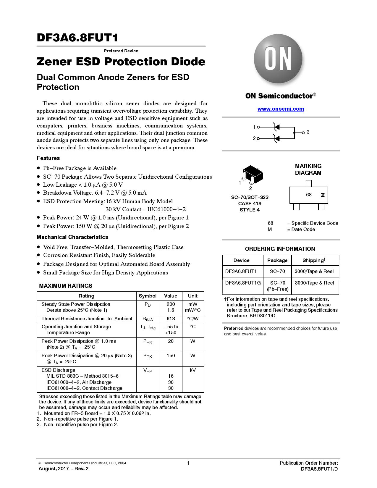 DF3A6.8FUT1G_（onsemi(安森美)）DF3A6.8FUT1G中文资料_价格_PDF手册-立创电子商城