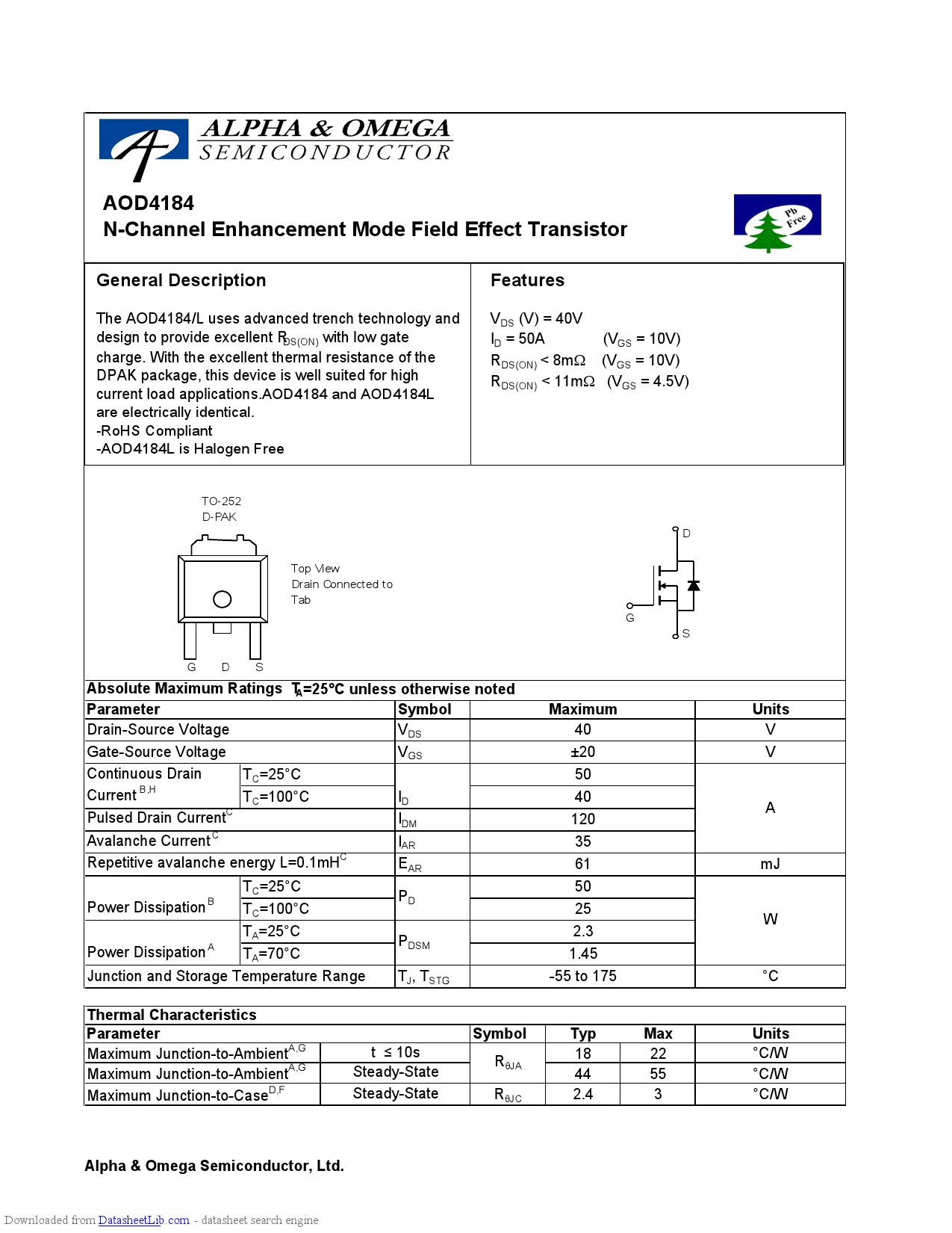 AOD4184L_（AOS）AOD4184L中文资料_价格_PDF手册-立创电子商城