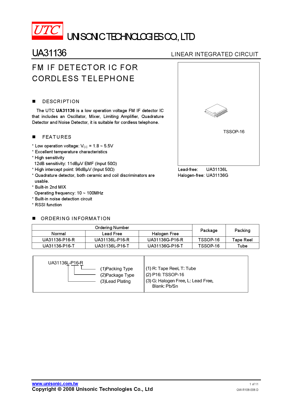UA31136G-P16-R_（UTC(友顺)）UA31136G-P16-R中文资料_价格_PDF手册-立创电子商城