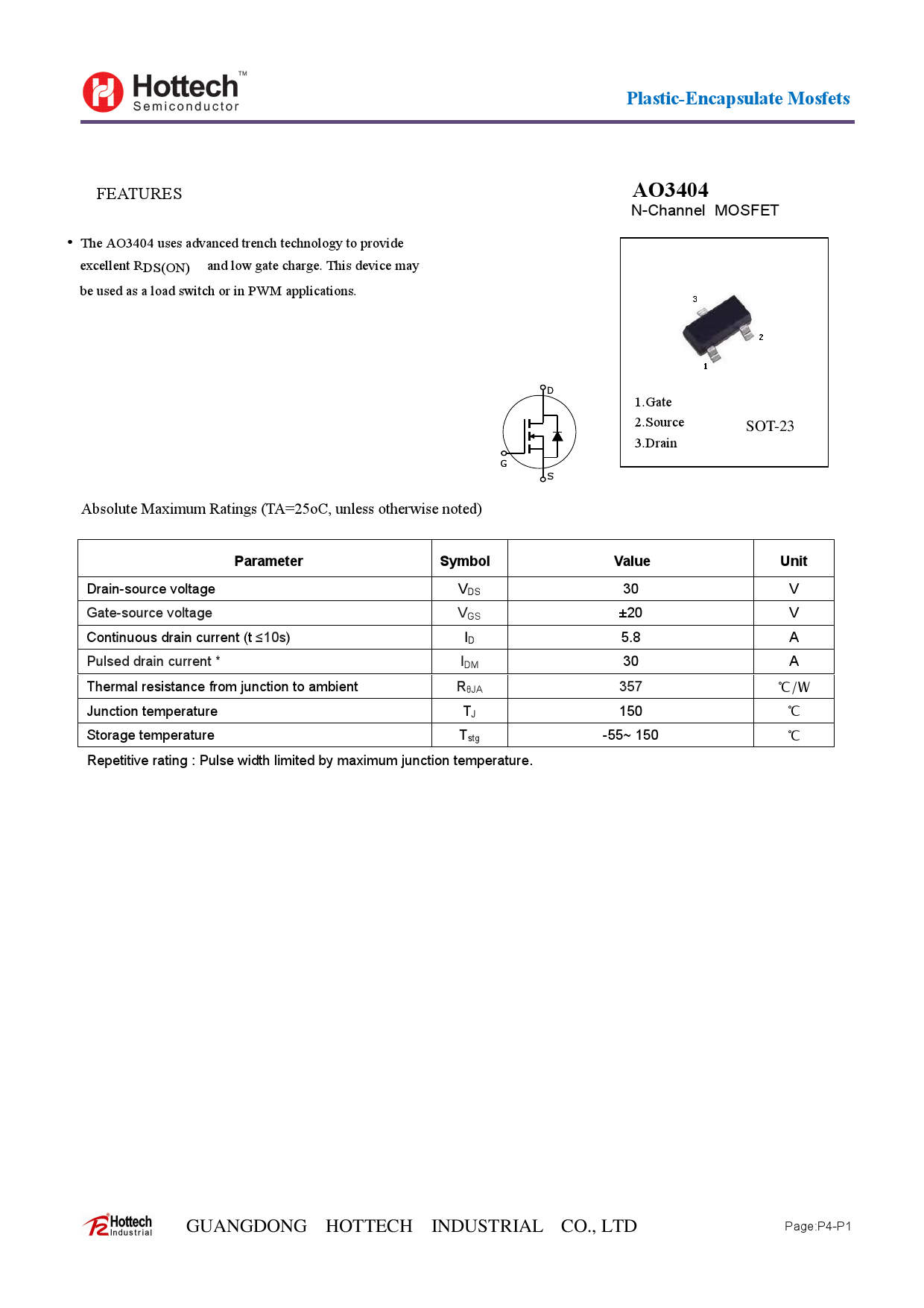AO3404_（Hottech(合科泰)）AO3404中文资料_价格_PDF手册-立创电子商城
