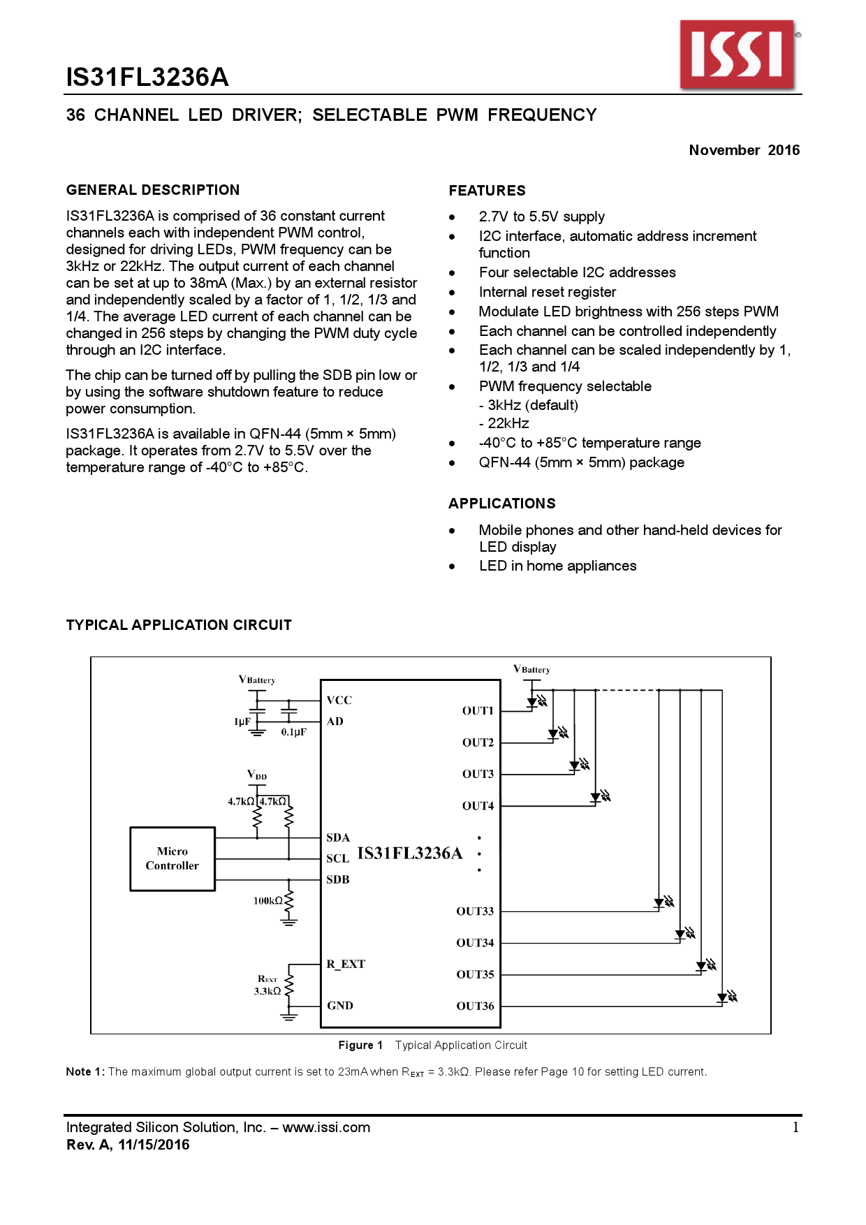 IS31FL3236A-QFLS2-TR_（ISSI(美国芯成)）IS31FL3236A-QFLS2-TR中文资料_价格_PDF手册-立创电子商城