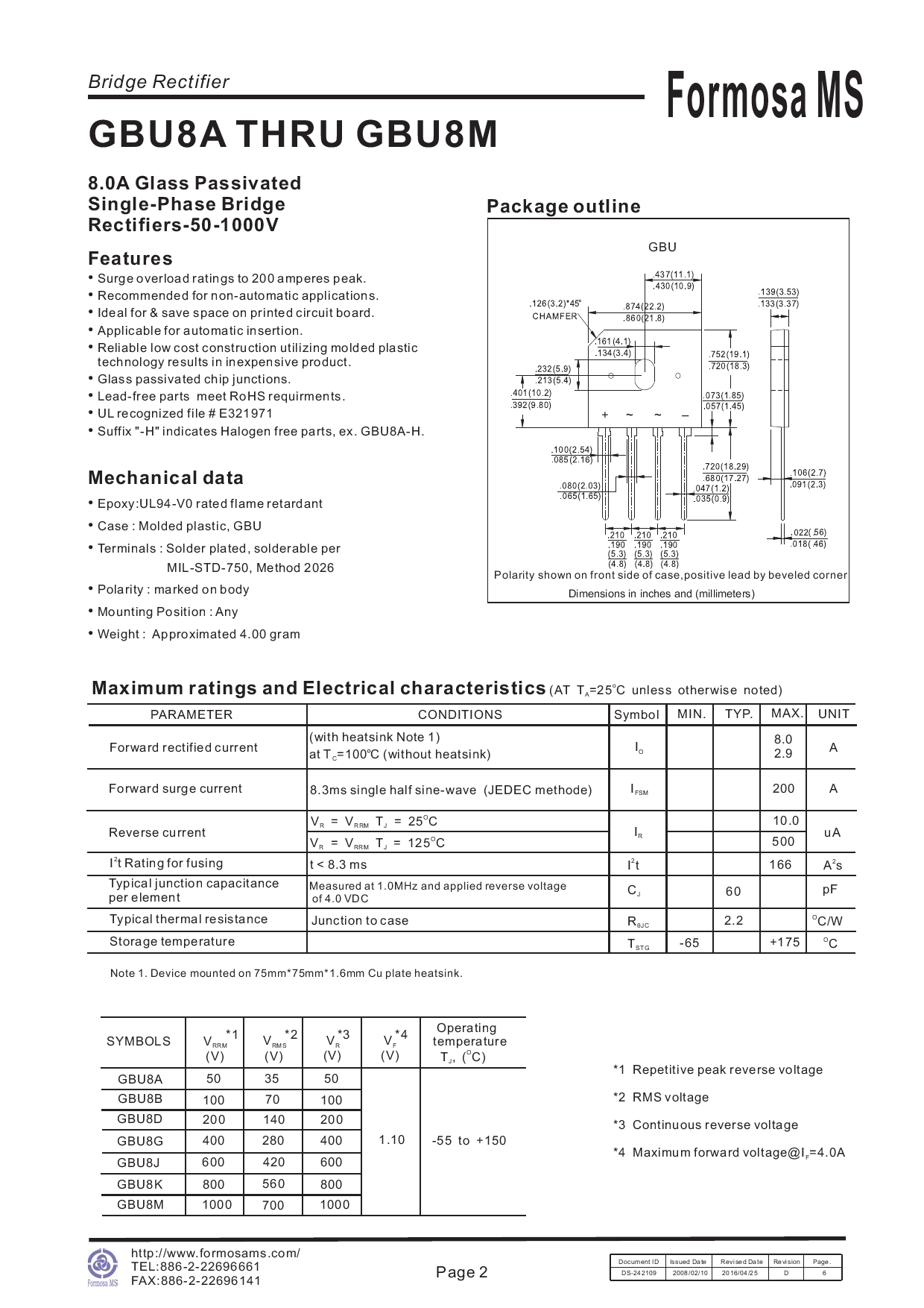 GBU8M_（FMS(美丽微)）GBU8M中文资料_价格_PDF手册-立创电子商城