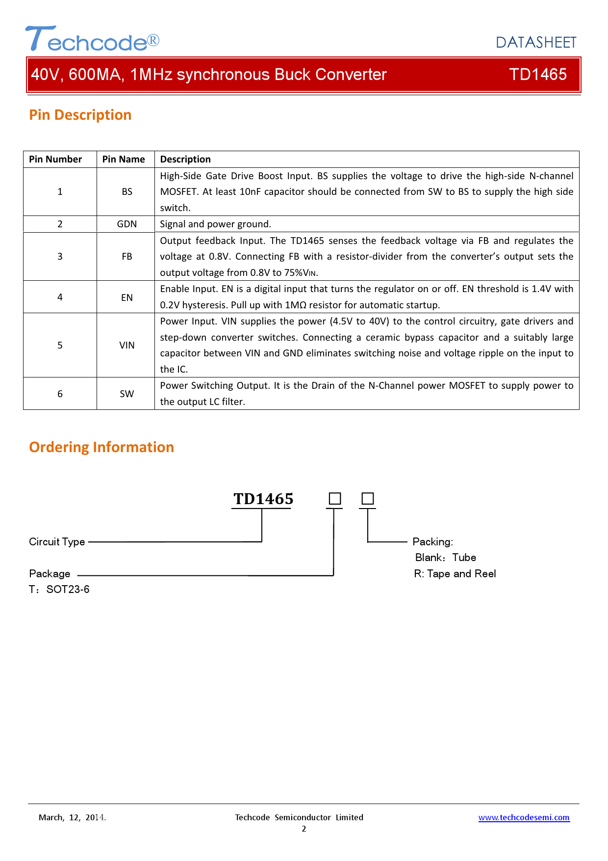 TD1465_（Techcode(泰德)）TD1465中文资料_价格_PDF手册-立创电子商城