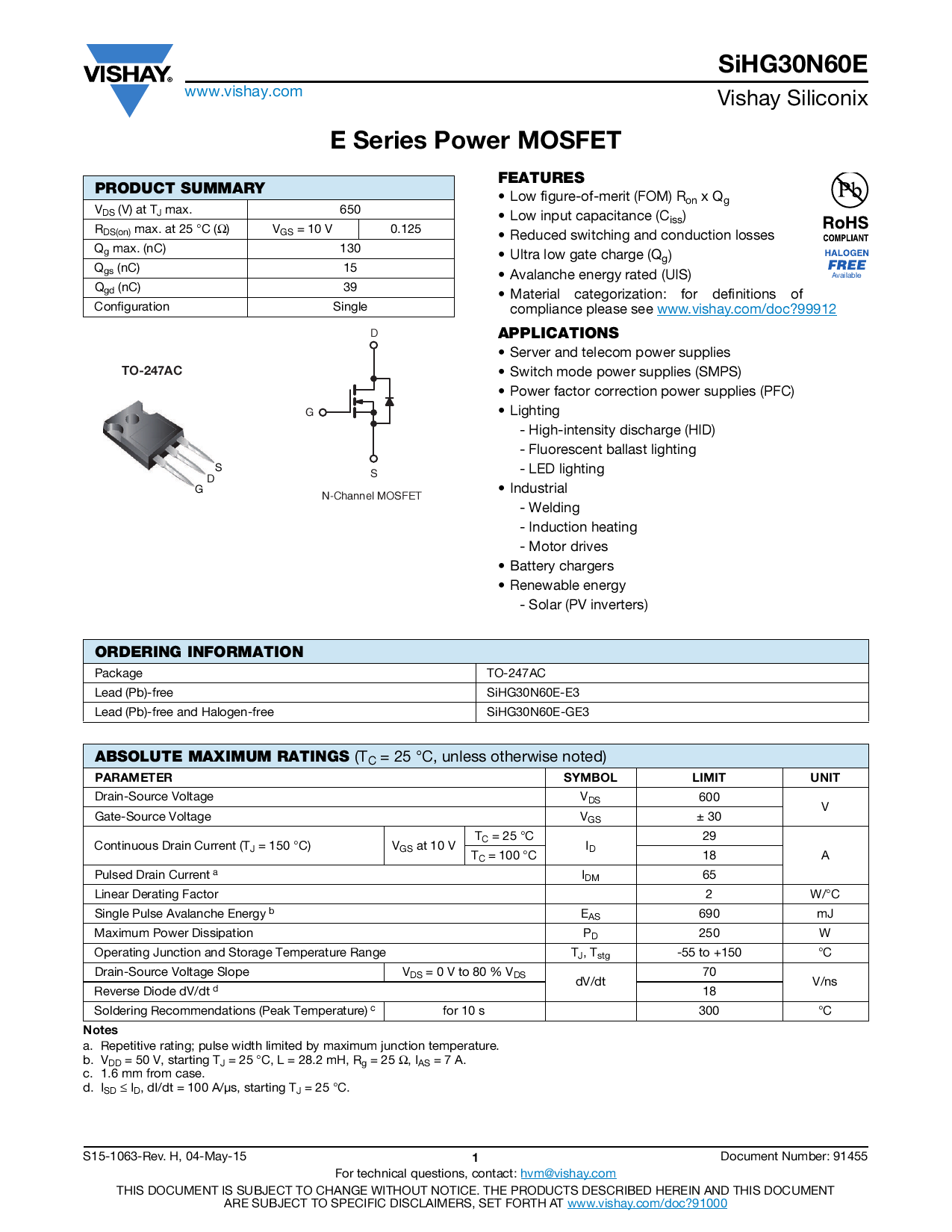 SIHG30N60E-GE3_（VISHAY(威世)）SIHG30N60E-GE3中文资料_价格_PDF手册-立创电子商城