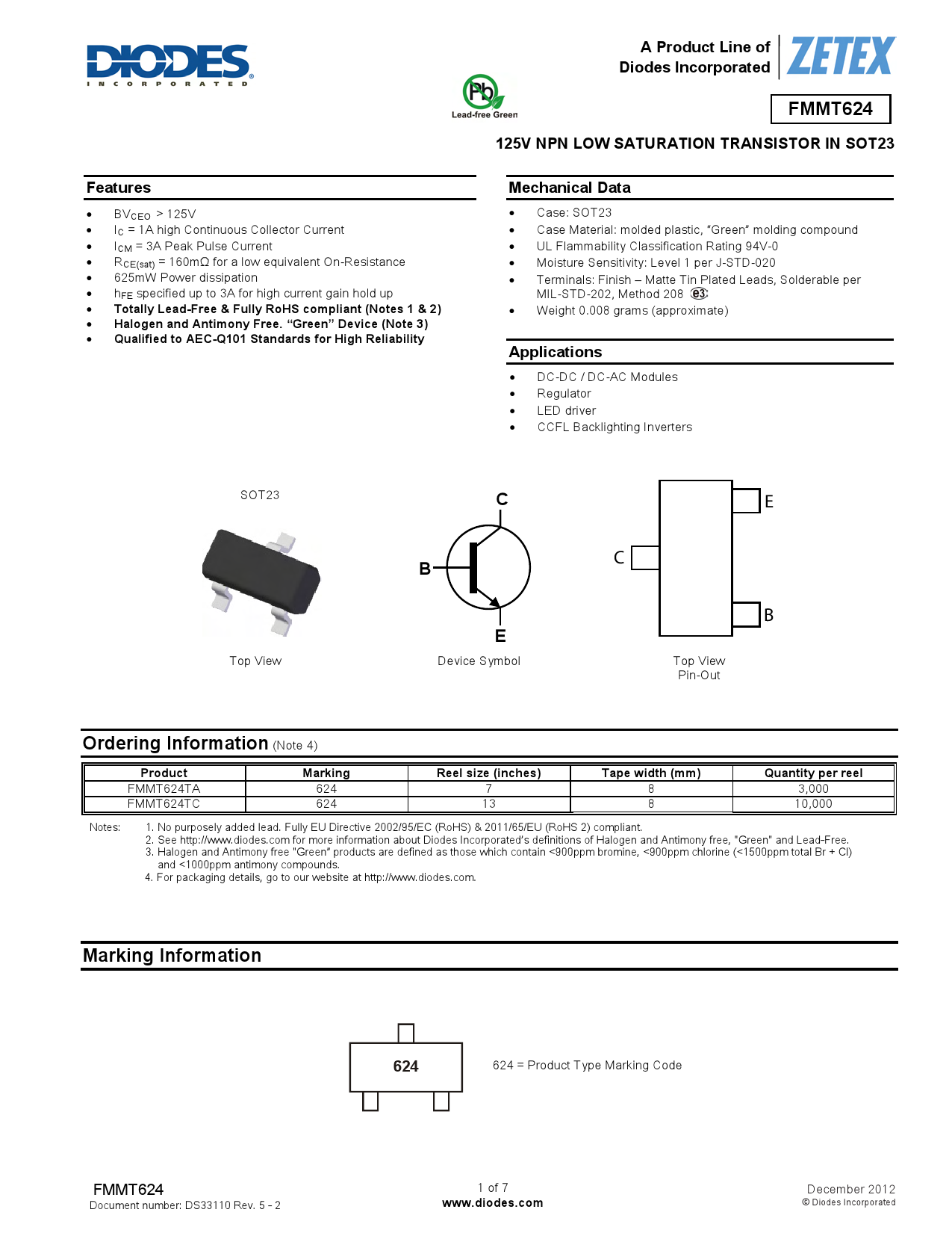 FMMT624TA_（DIODES(美台)）FMMT624TA中文资料_价格_PDF手册-立创电子商城