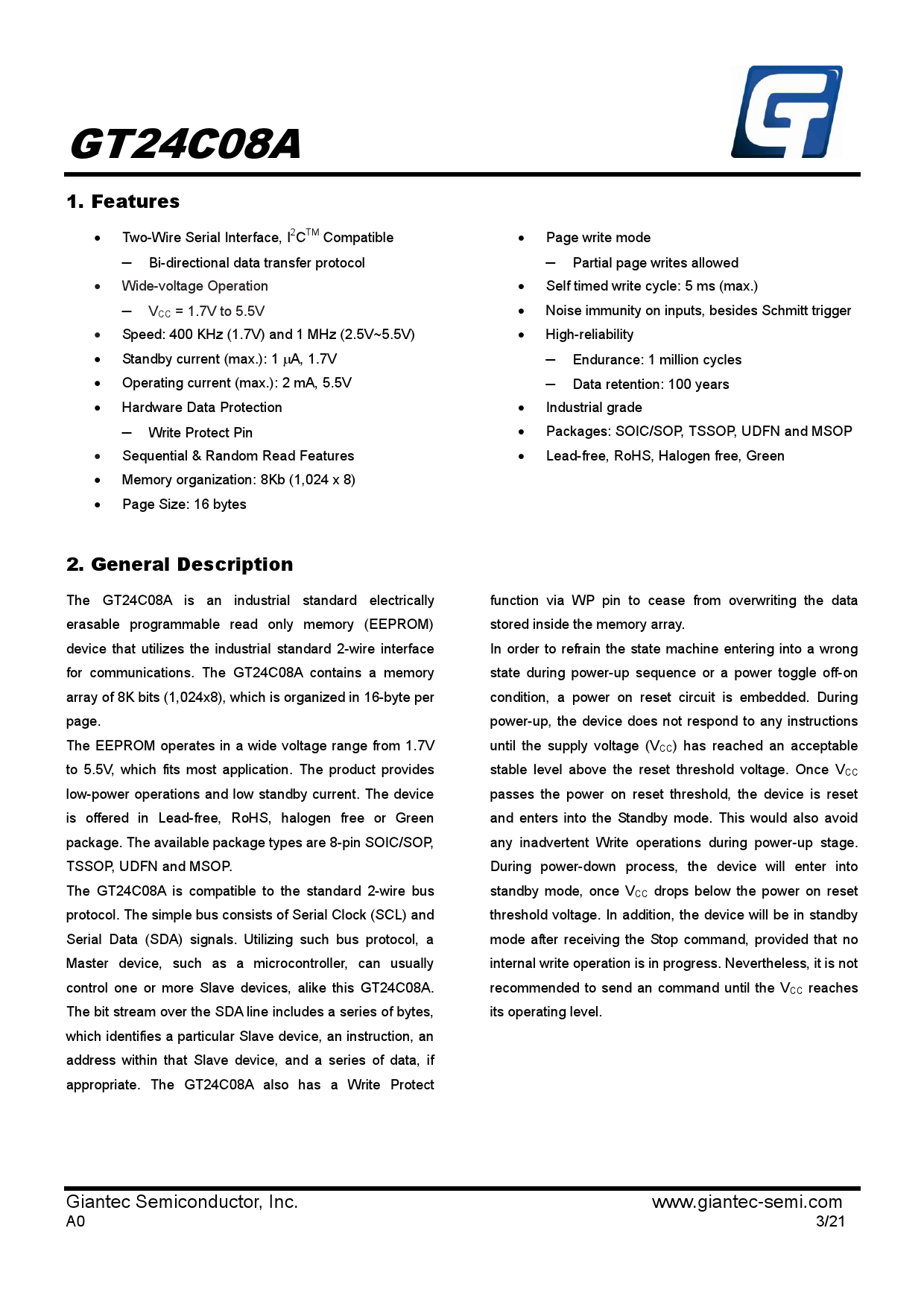 GT24C08A-2GLI-TR_（Giantec(聚辰)）GT24C08A-2GLI-TR中文资料_价格_PDF手册-立创电子商城
