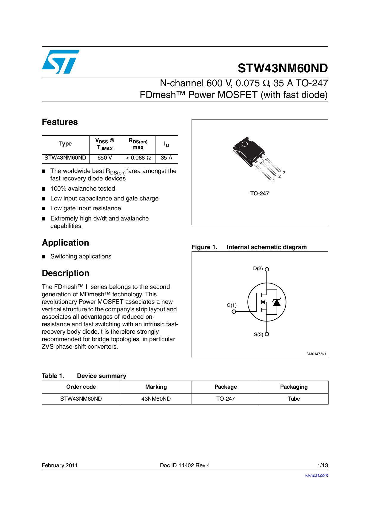 STW43NM60ND_（ST(意法半导体)）STW43NM60ND中文资料_价格_PDF手册-立创电子商城