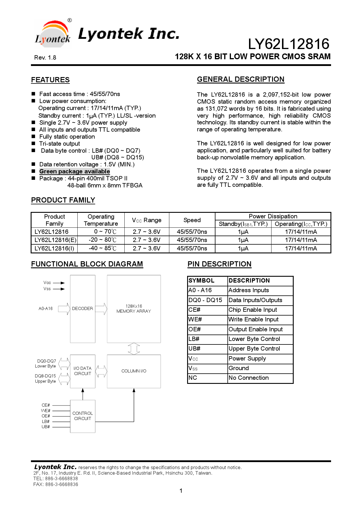 LY62L12816ML-70LLI_（Lyontek(来扬)）LY62L12816ML-70LLI中文资料_价格_PDF手册-立创电子商城