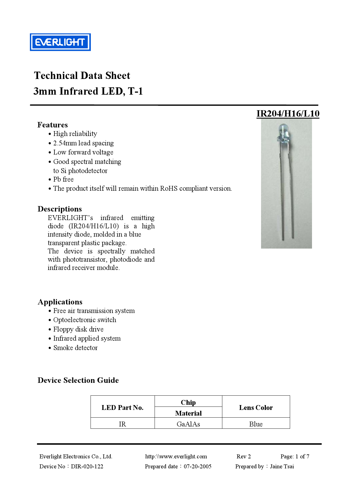 IR204/H16/L10_（EVERLIGHT(台湾亿光)）IR204/H16/L10中文资料_价格_PDF手册-立创电子商城