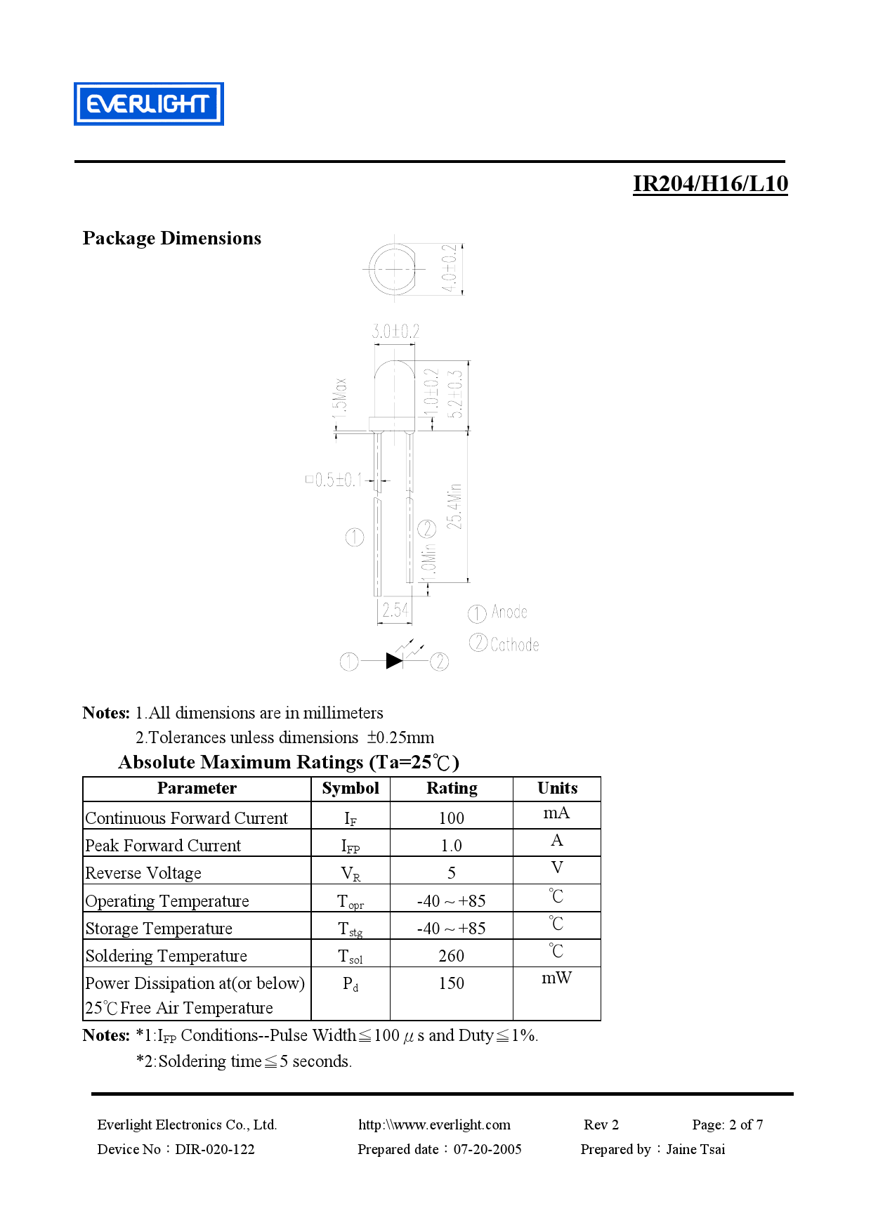 IR204/H16/L10_（EVERLIGHT(亿光)）IR204/H16/L10中文资料_价格_PDF手册-立创电子商城