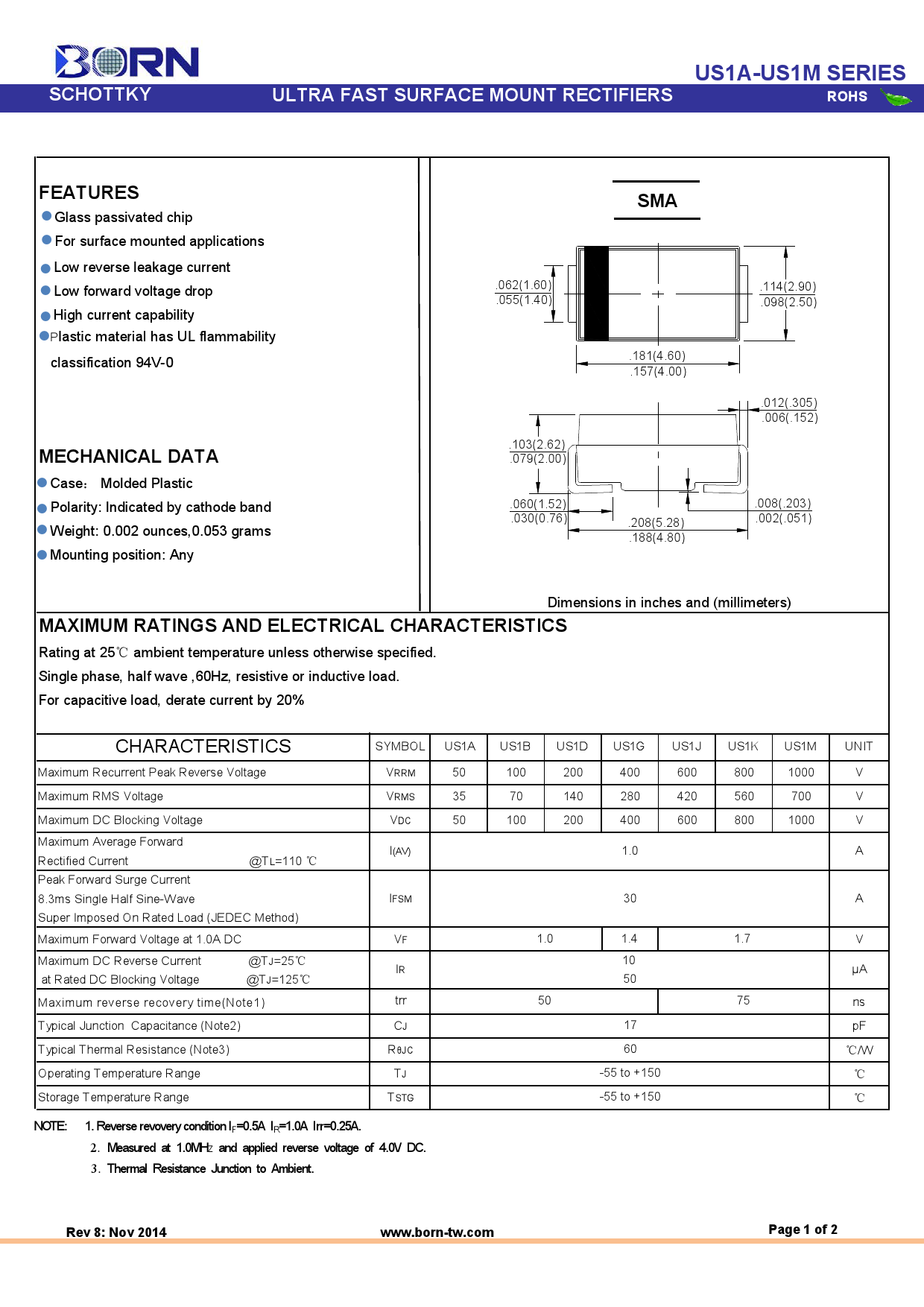 US1M_（BORN伯恩半导体）US1M中文资料_价格_PDF手册-立创电子商城