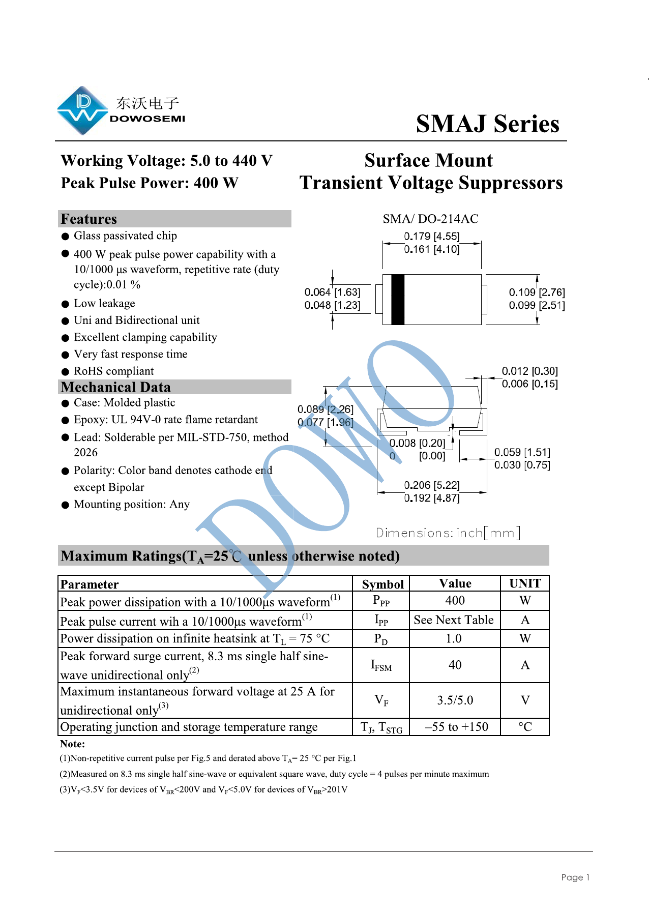 SMAJ18A_（DOWO(东沃)）SMAJ18A中文资料_价格_PDF手册-立创电子商城
