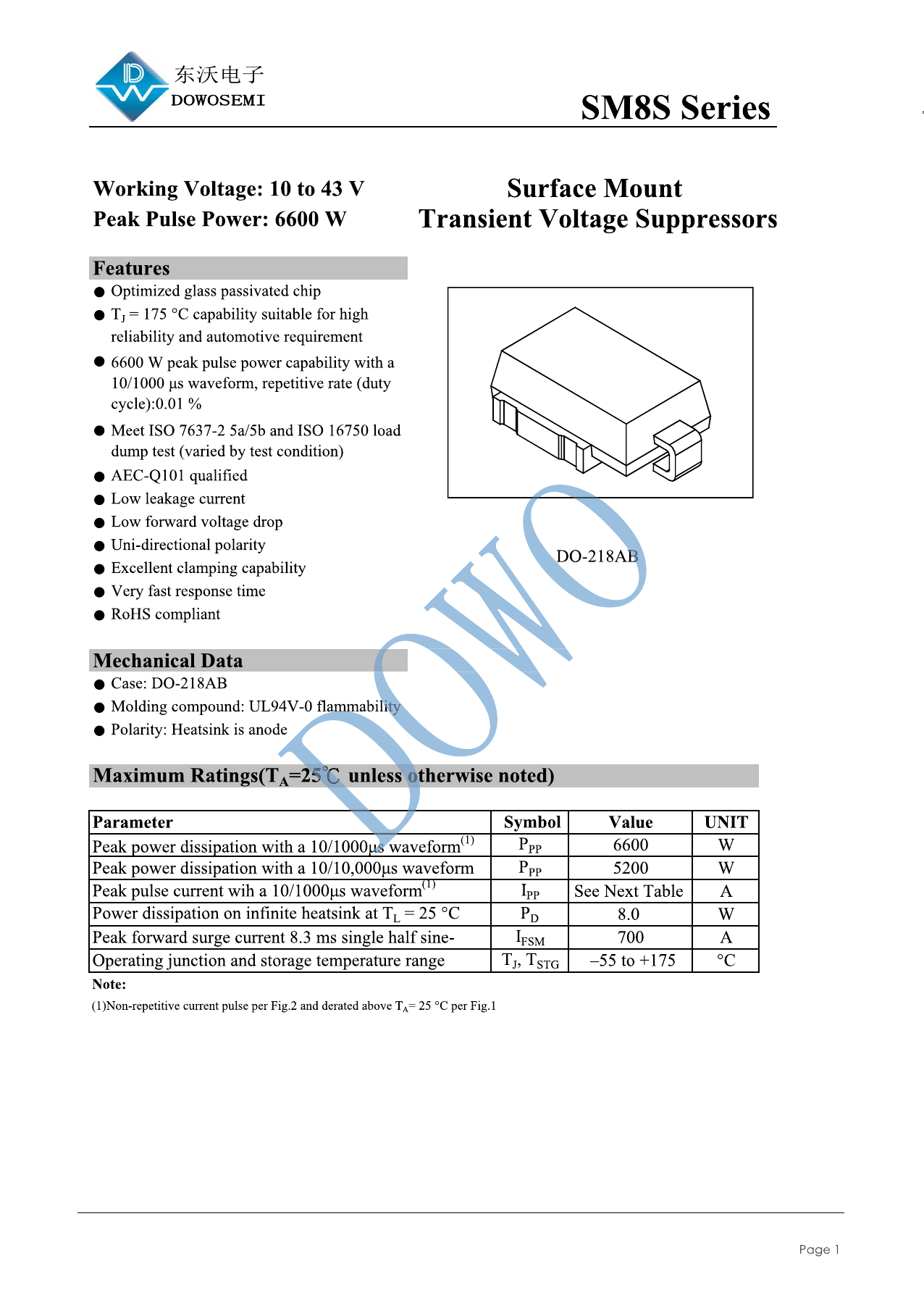 SM8S18A_（DOWO(东沃)）SM8S18A中文资料_价格_PDF手册-立创电子商城