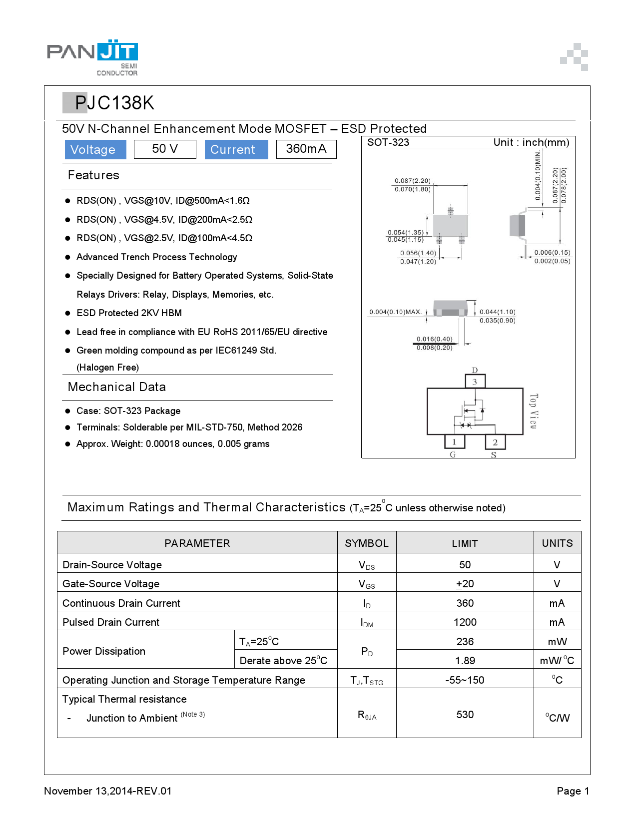 PJC138K_R1_00001_（PANJIT(强茂)）PJC138K_R1_00001中文资料_价格_PDF手册-立创电子商城