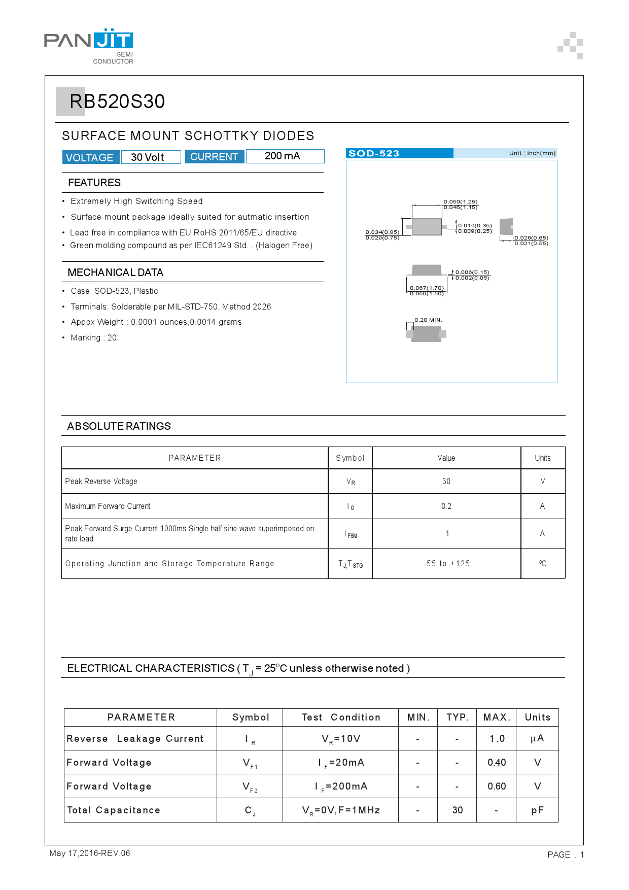 RB520S30_（PANJIT(强茂)）RB520S30中文资料_价格_PDF手册-立创电子商城