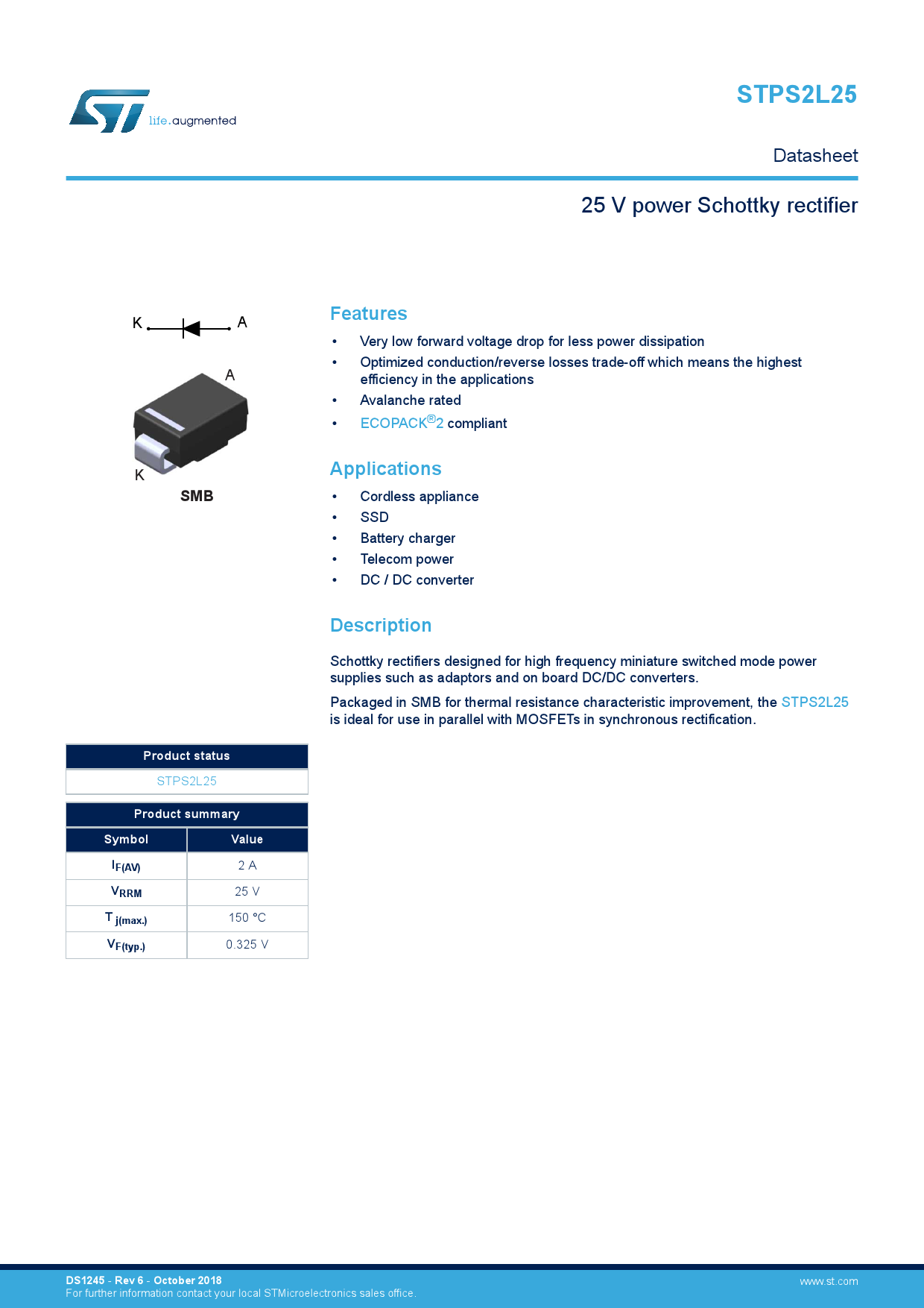 STPS2L25U_（ST(意法半导体)）STPS2L25U中文资料_价格_PDF手册-立创电子商城