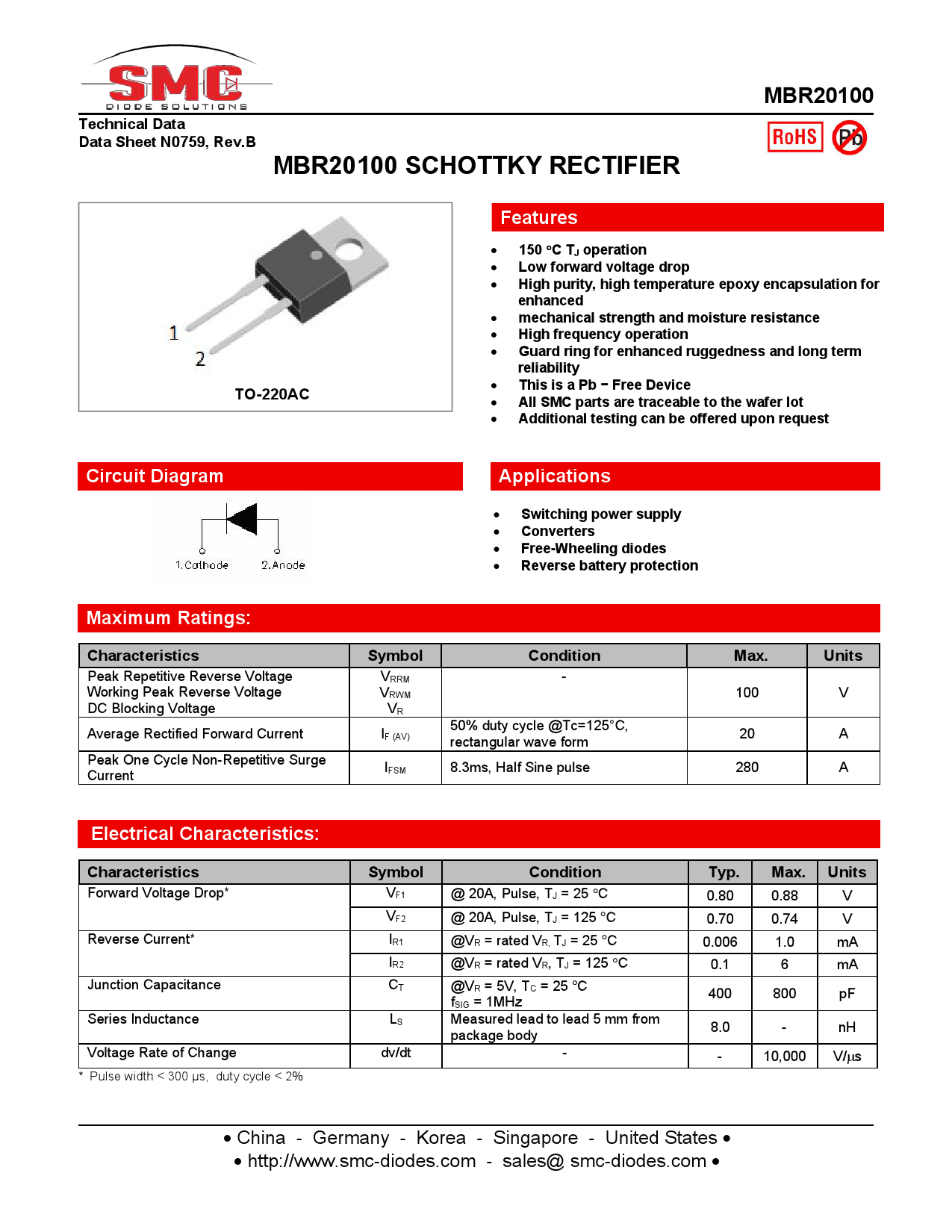 MBR20100_（SMC(桑德斯)）MBR20100中文资料_价格_PDF手册-立创电子商城