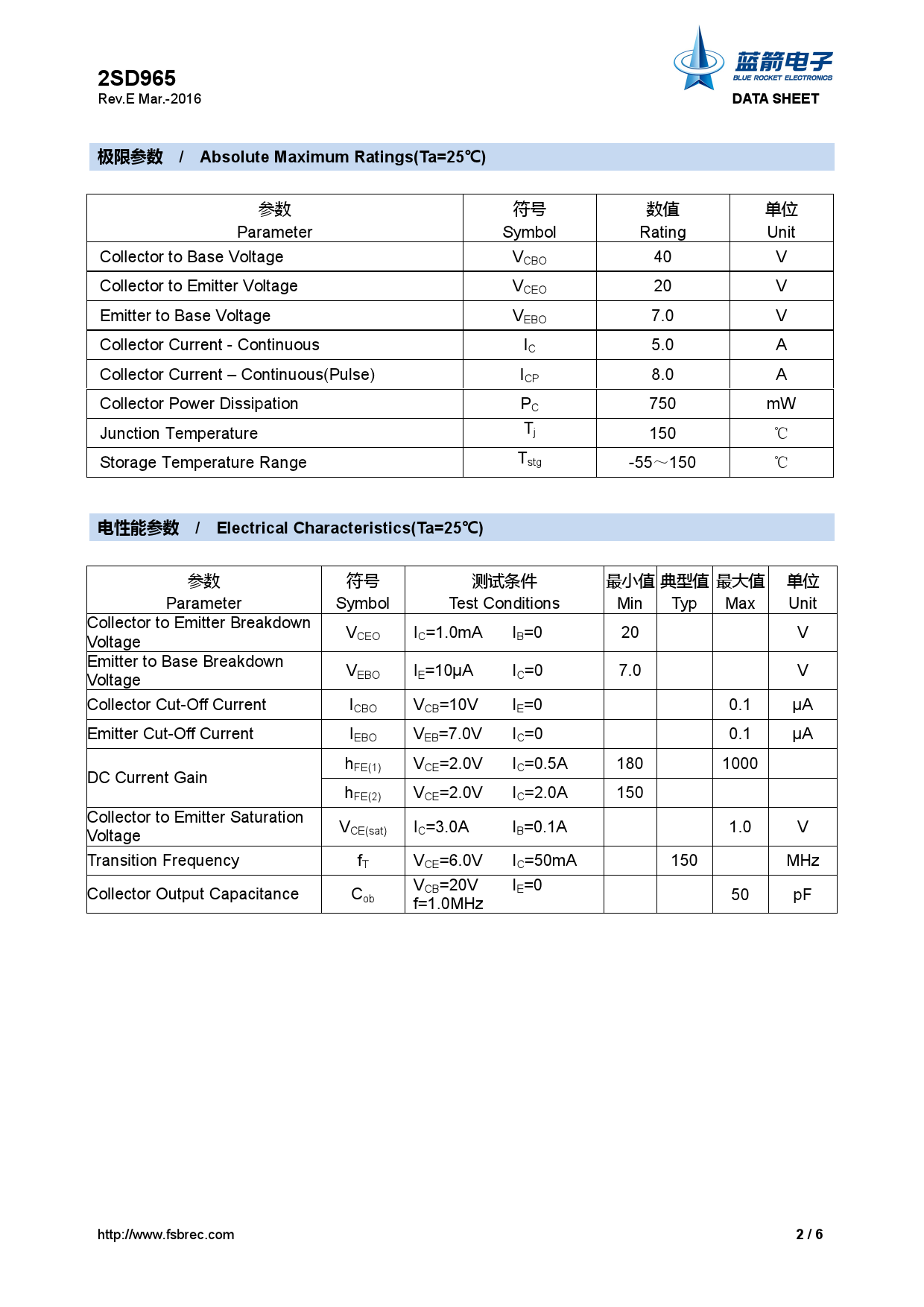 2SD965_（BLUE ROCKET(蓝箭)）2SD965中文资料_价格_PDF手册-立创电子商城