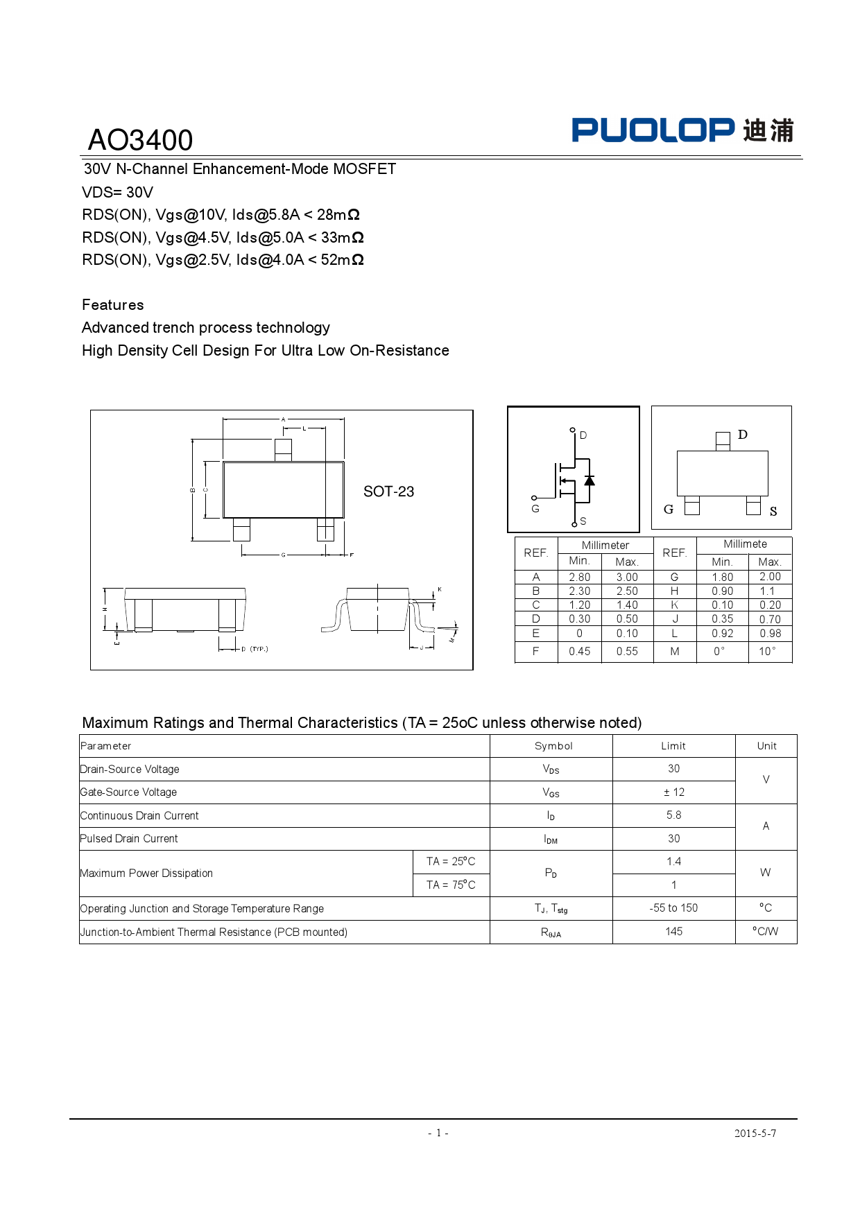 AO3400-SOT23_（PUOLOP(迪浦)）AO3400-SOT23中文资料_价格_PDF手册-立创电子商城