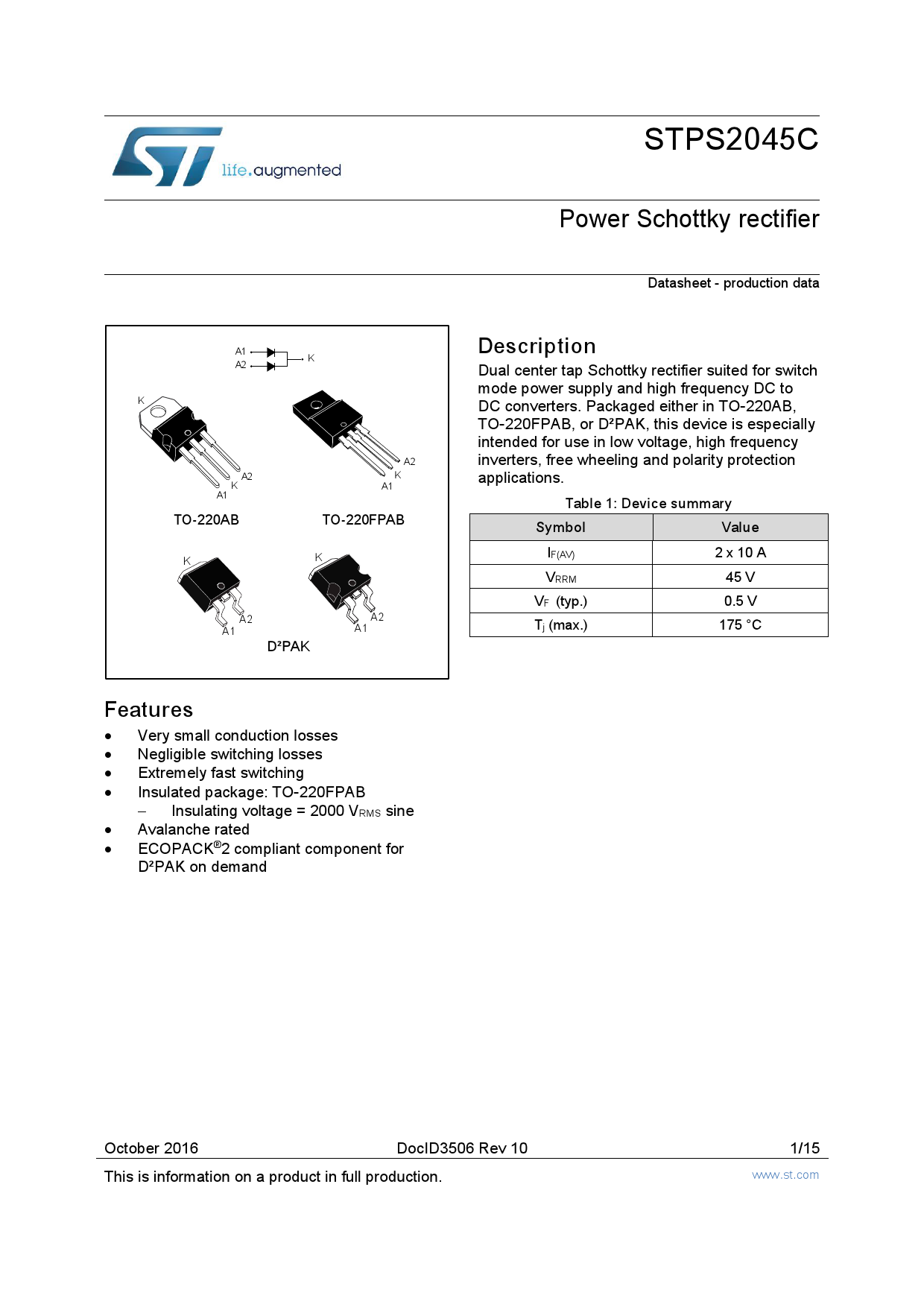 STPS2045CTC_（ST(意法半导体)）STPS2045CTC中文资料_价格_PDF手册-立创电子商城