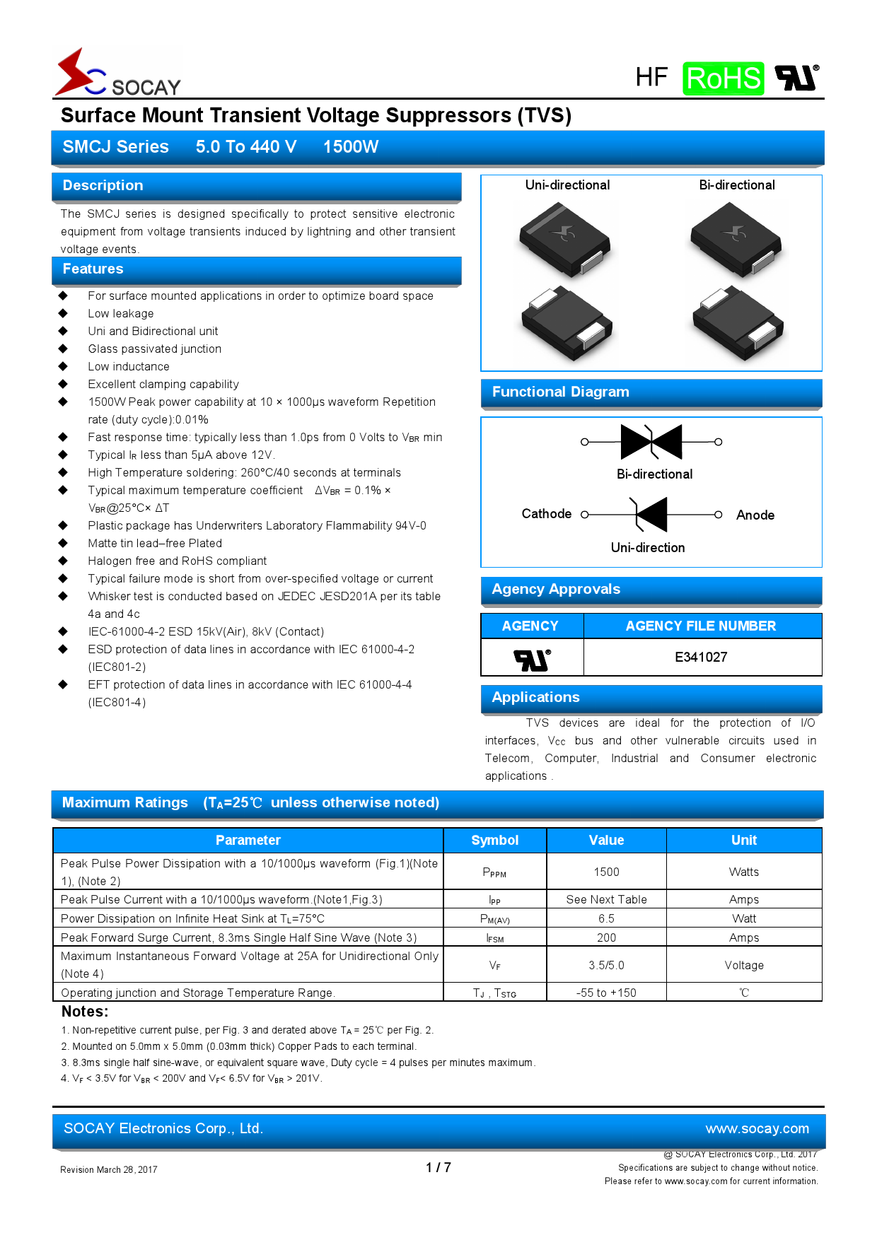 SMCJ33CA_（SOCAY(硕凯)）SMCJ33CA中文资料_价格_PDF手册-立创电子商城