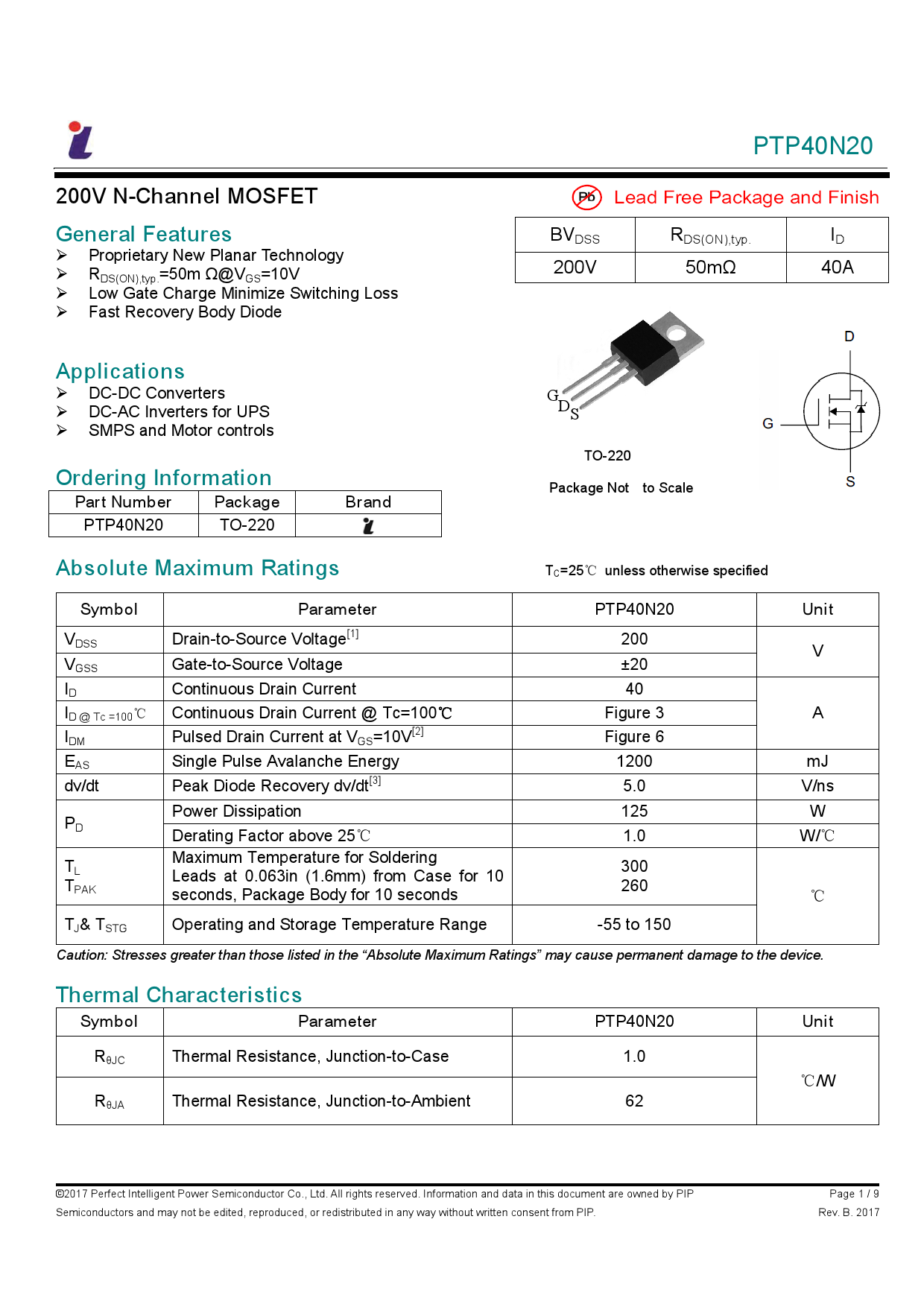 PTP40N20_（PIP(丽隽)）PTP40N20中文资料_价格_PDF手册-立创电子商城