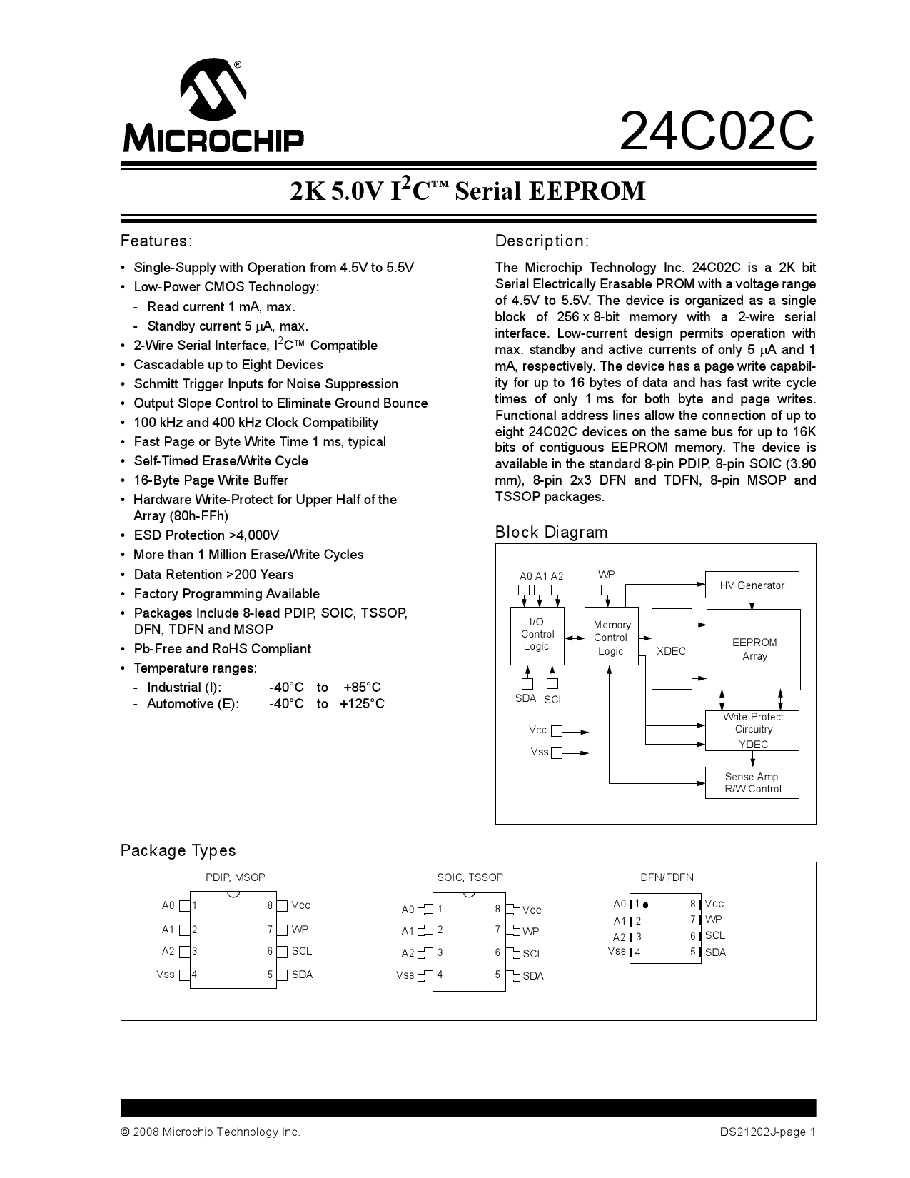 24C02C-I/SN_（MICROCHIP(美国微芯)）24C02C-I/SN中文资料_价格_PDF手册-立创电子商城