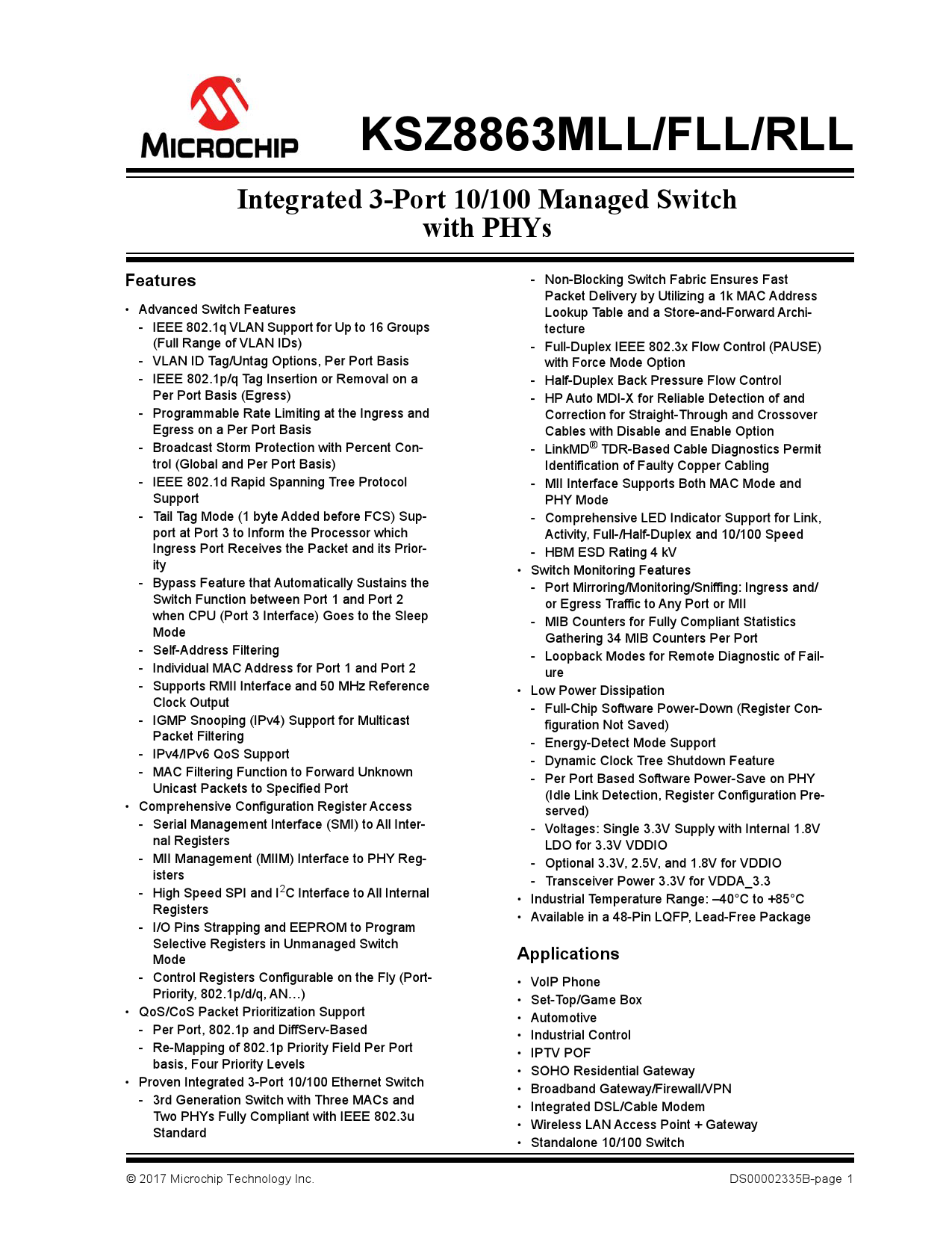 KSZ8863RLL_（MICROCHIP(美国微芯)）KSZ8863RLL中文资料_价格_PDF手册-立创电子商城
