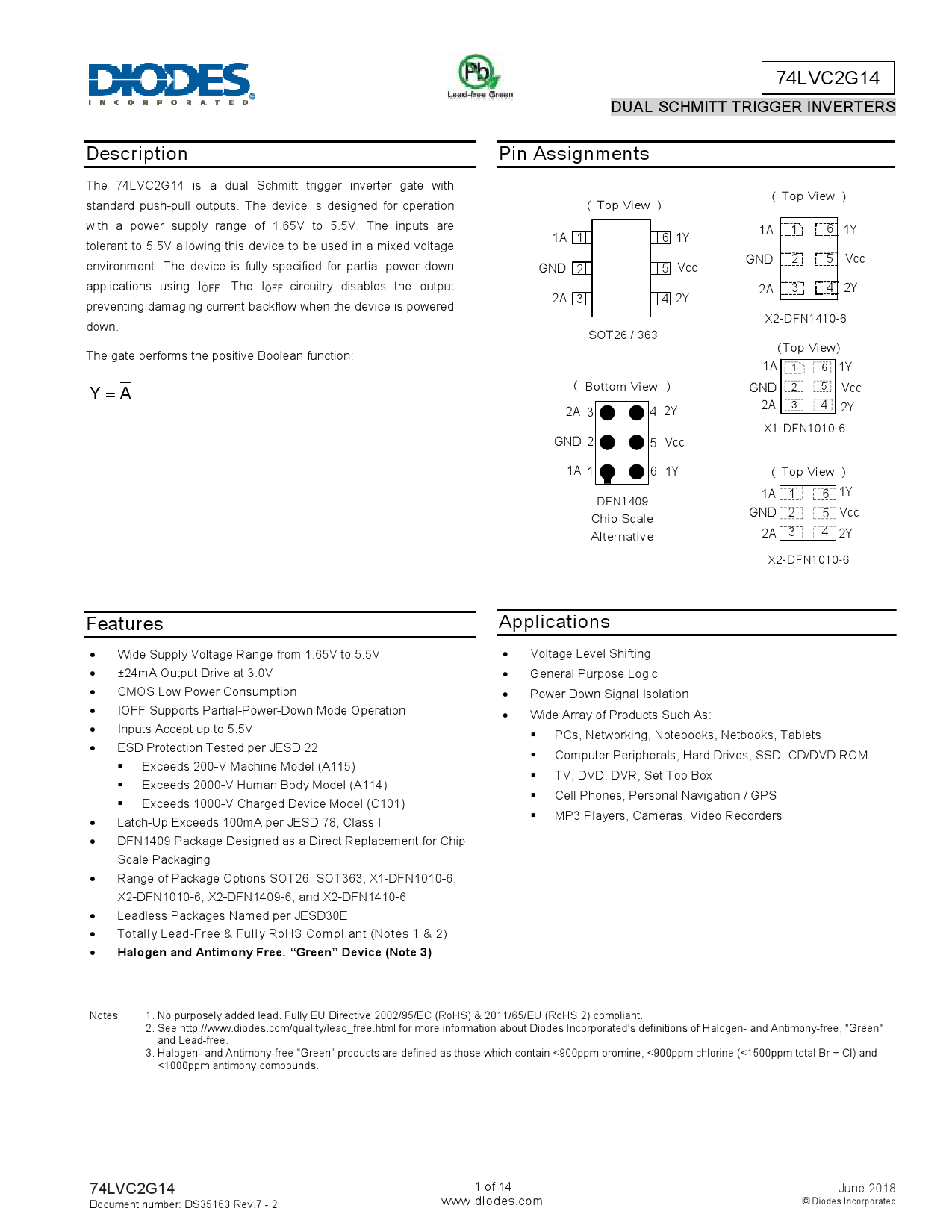 74LVC2G14DW-7_（DIODES(美台)）74LVC2G14DW-7中文资料_价格_PDF手册-立创电子商城