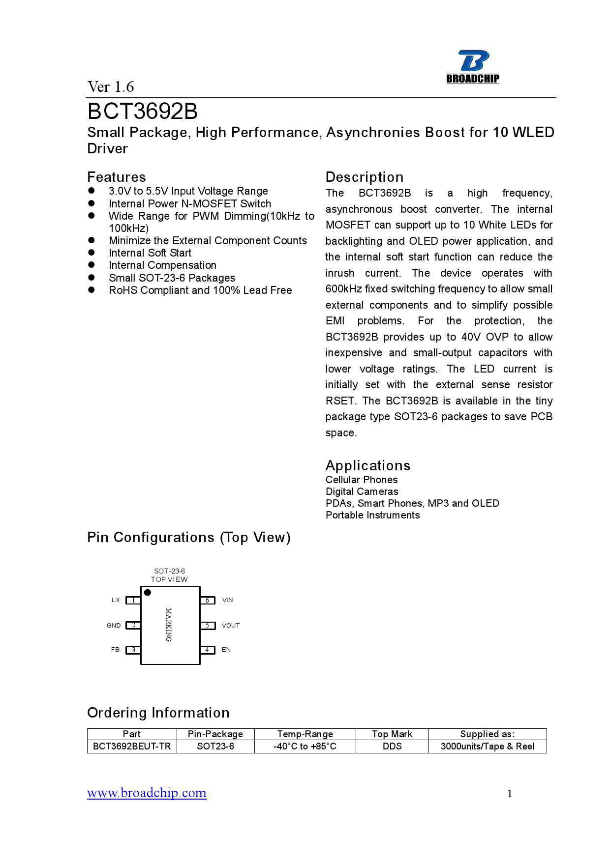 BCT3692BEUT-TR_（BROADCHIP(广芯电子)）BCT3692BEUT-TR中文资料_价格_PDF手册-立创电子商城