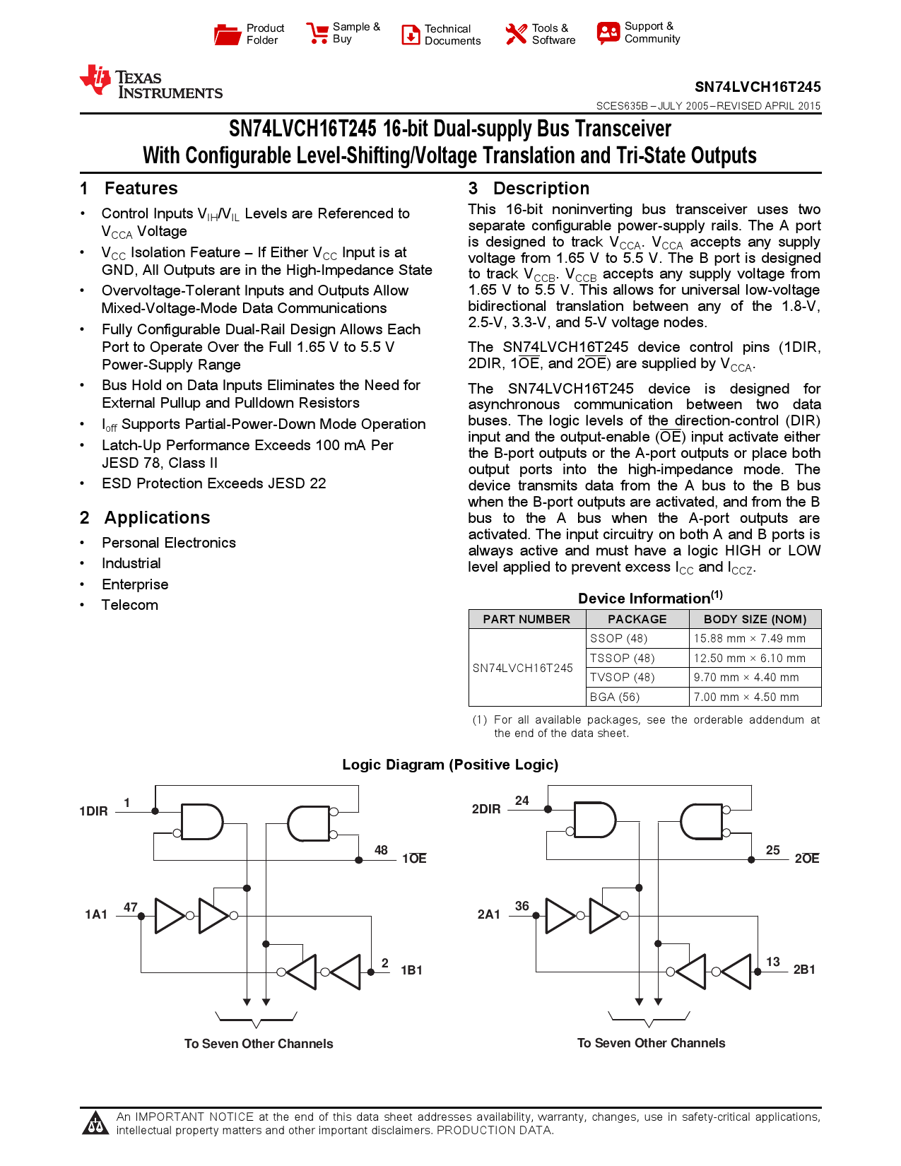 SN74LVCH16T245DGGR_（TI(德州仪器)）SN74LVCH16T245DGGR中文资料_价格_PDF手册-立创电子商城
