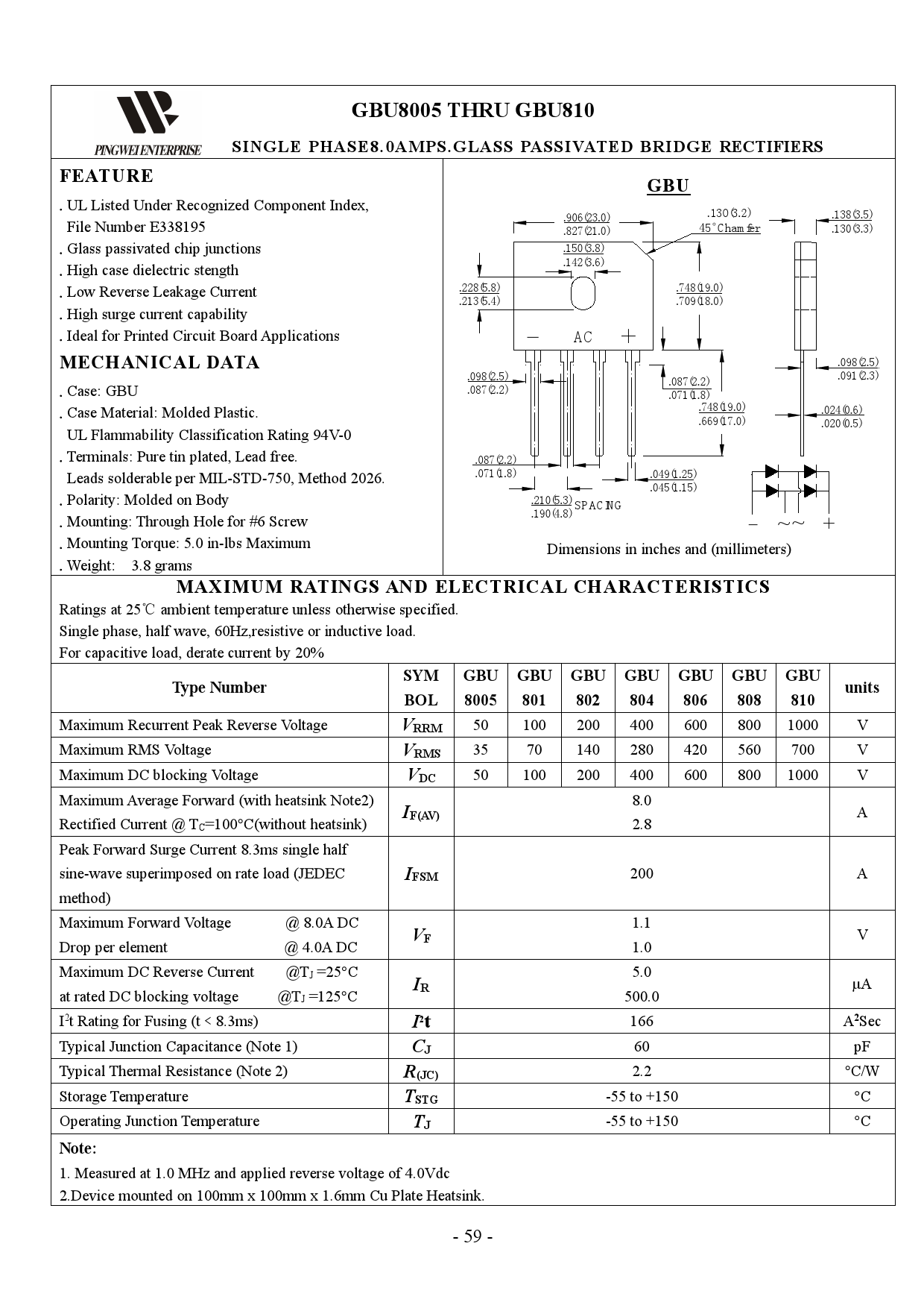 GBU806_（PINGWEI(平伟)）GBU806中文资料_价格_PDF手册-立创电子商城