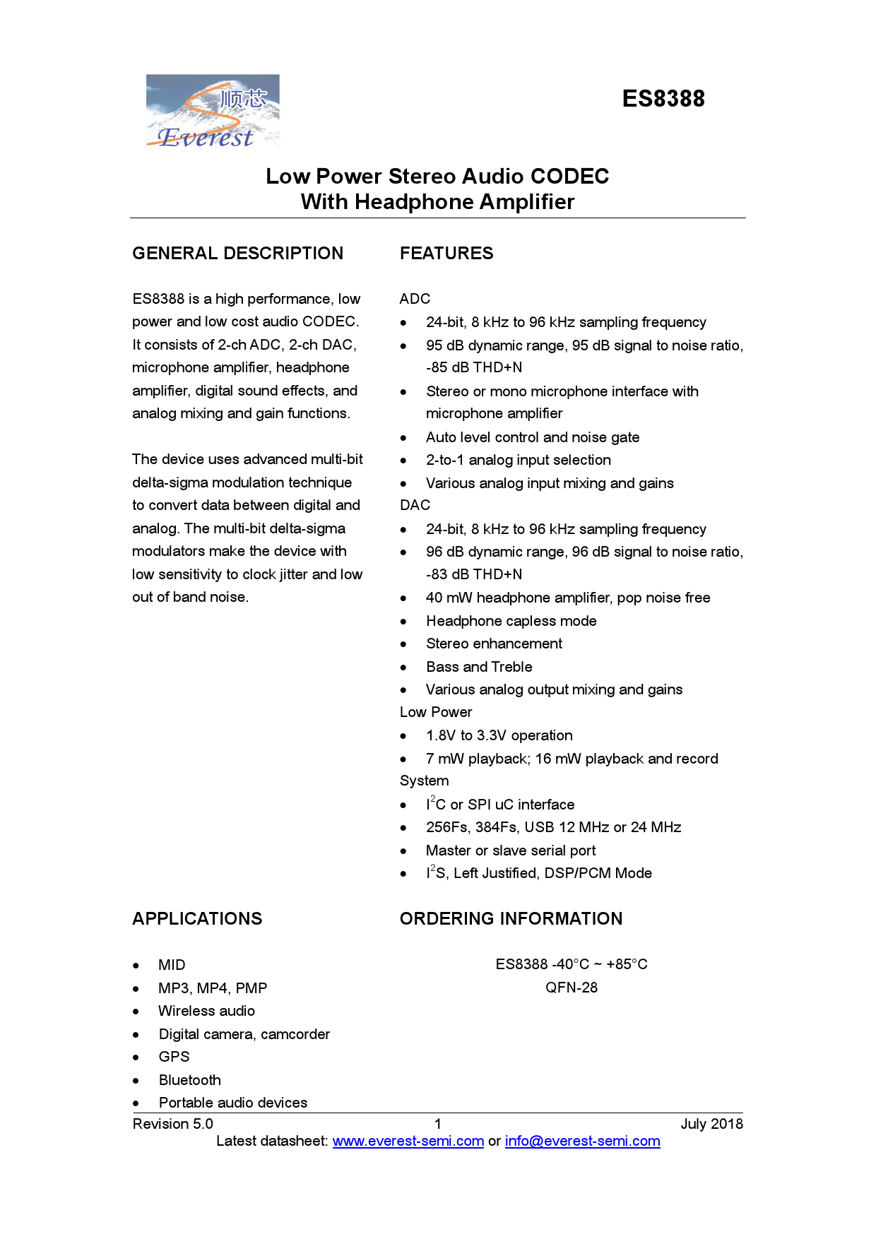 ES8388_（Everest-semi(顺芯)）ES8388中文资料_价格_PDF手册-立创电子商城