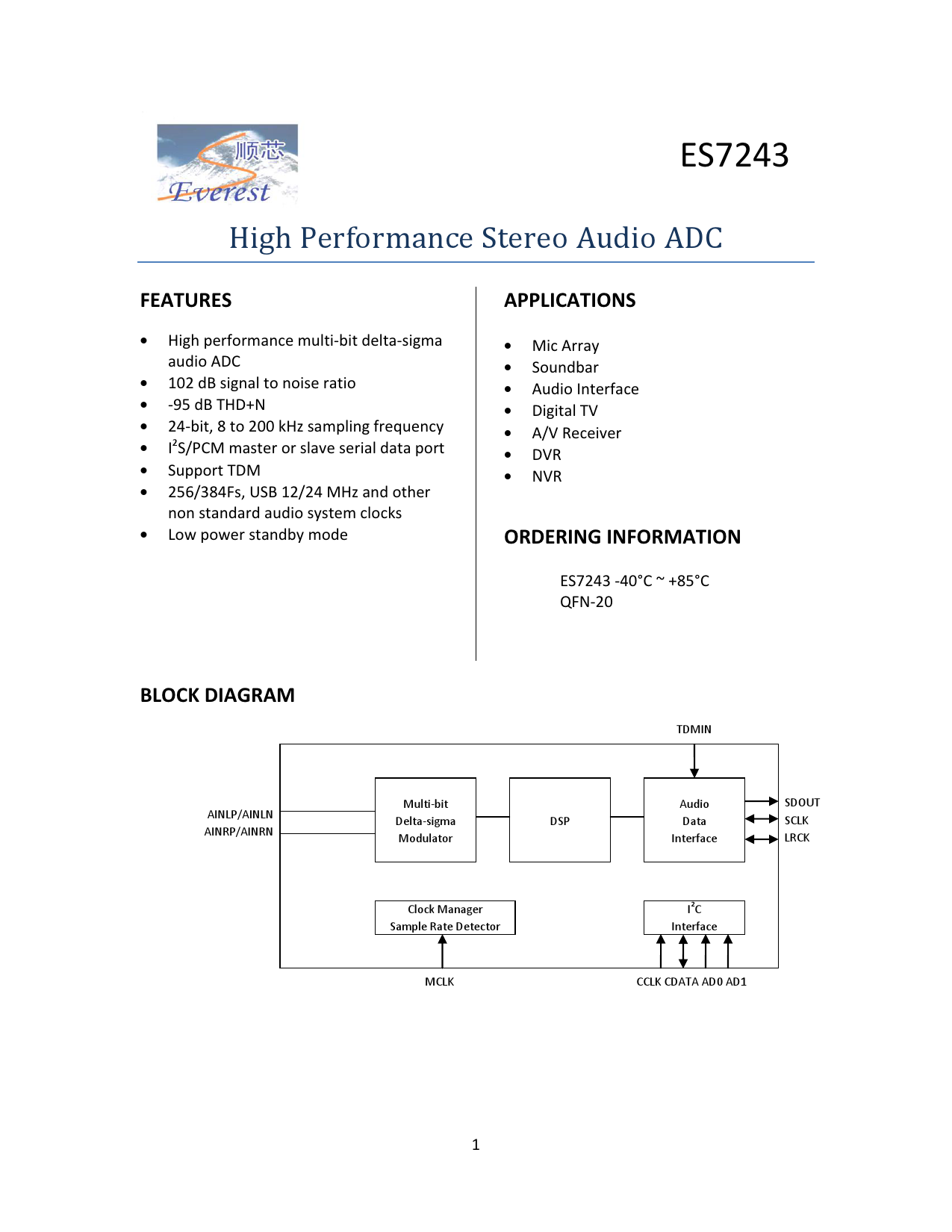 ES7243_（Everest-semi(顺芯)）ES7243中文资料_价格_PDF手册-立创电子商城
