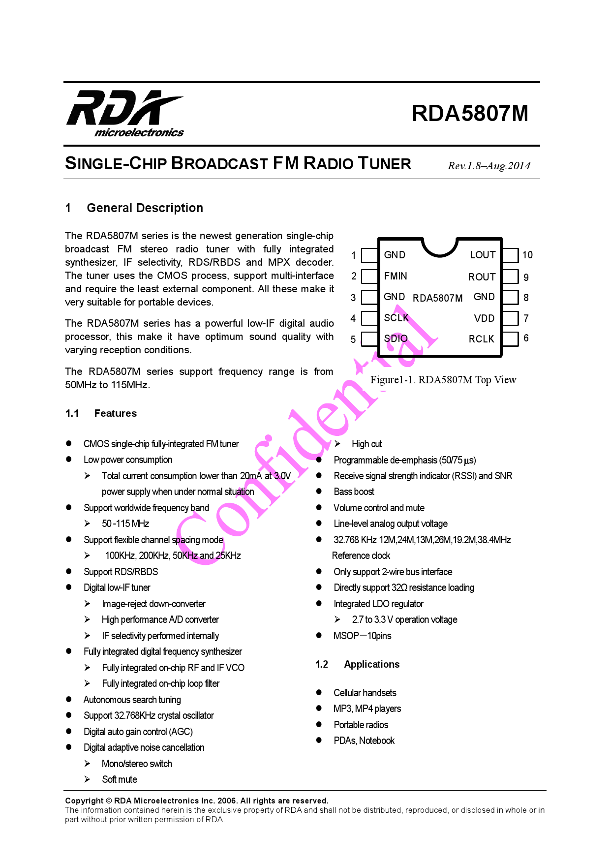 RDA5807M_（RDA(锐迪科)）RDA5807M中文资料_价格_PDF手册-立创电子商城