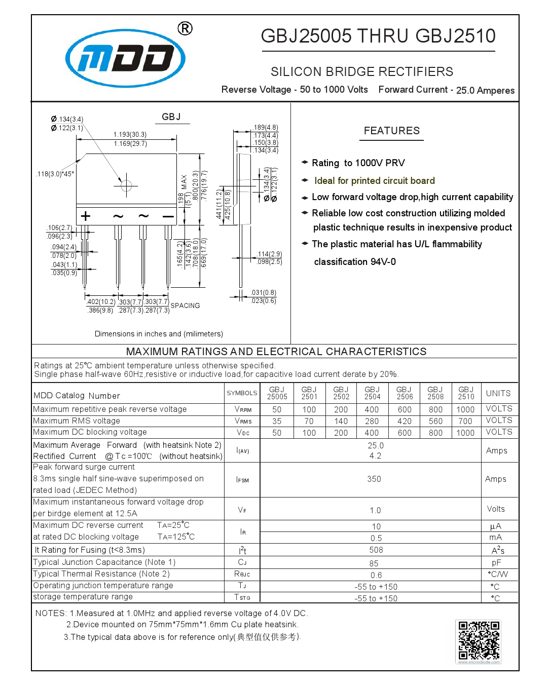 GBJ2510_（MDD）GBJ2510中文资料_价格_PDF手册-立创电子商城
