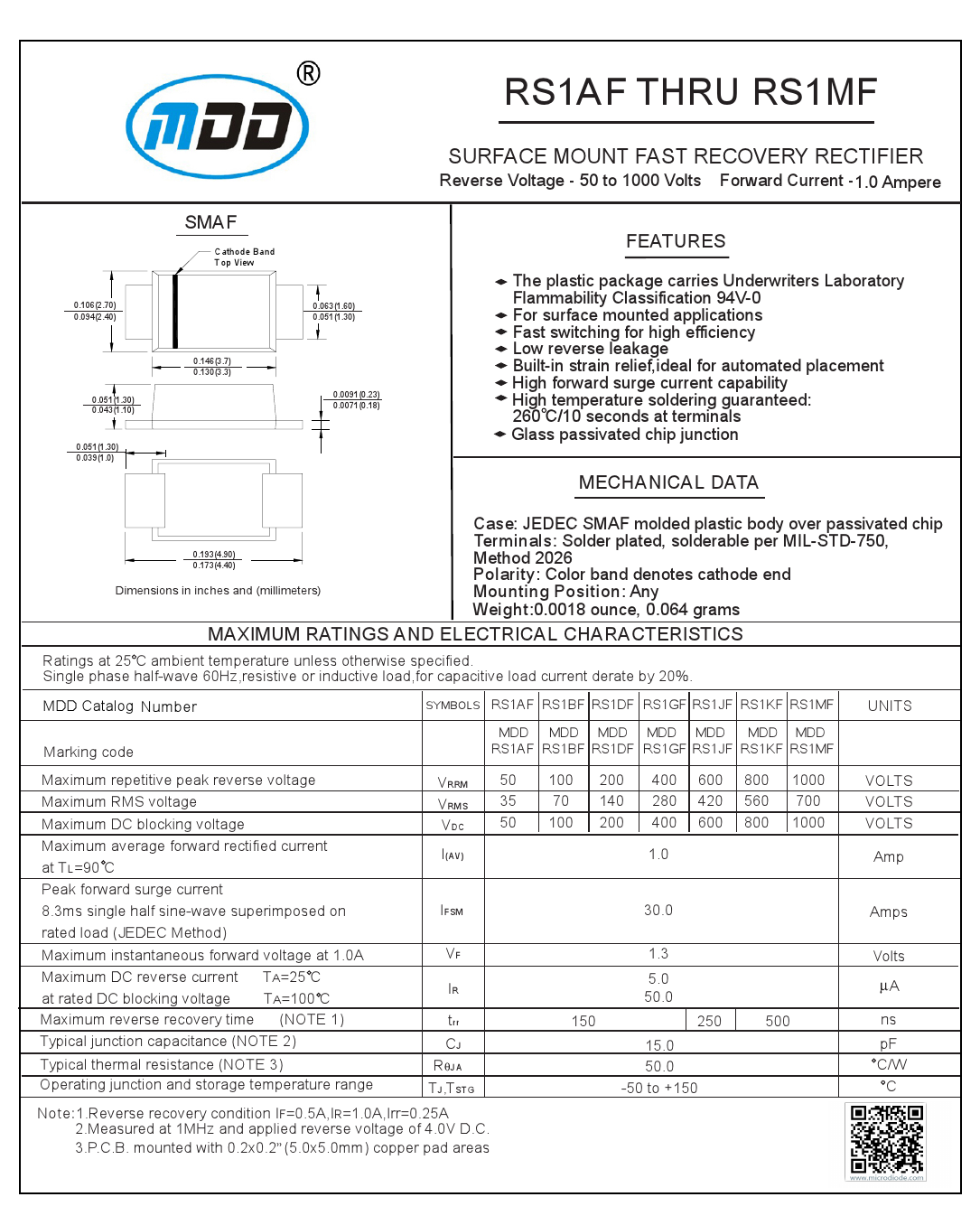 RS1MF_（MDD）RS1MF中文资料_价格_PDF手册-立创电子商城