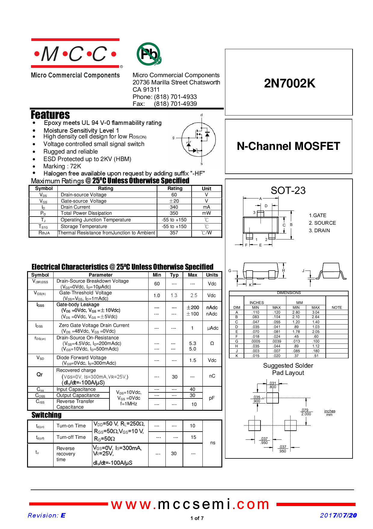 2N7002K-TP_（MCC(美微科)）2N7002K-TP中文资料_价格_PDF手册-立创电子商城